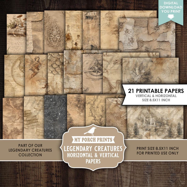 Legendary Creatures Junk Journal Papers, Horizontal & Vertical Magical ...