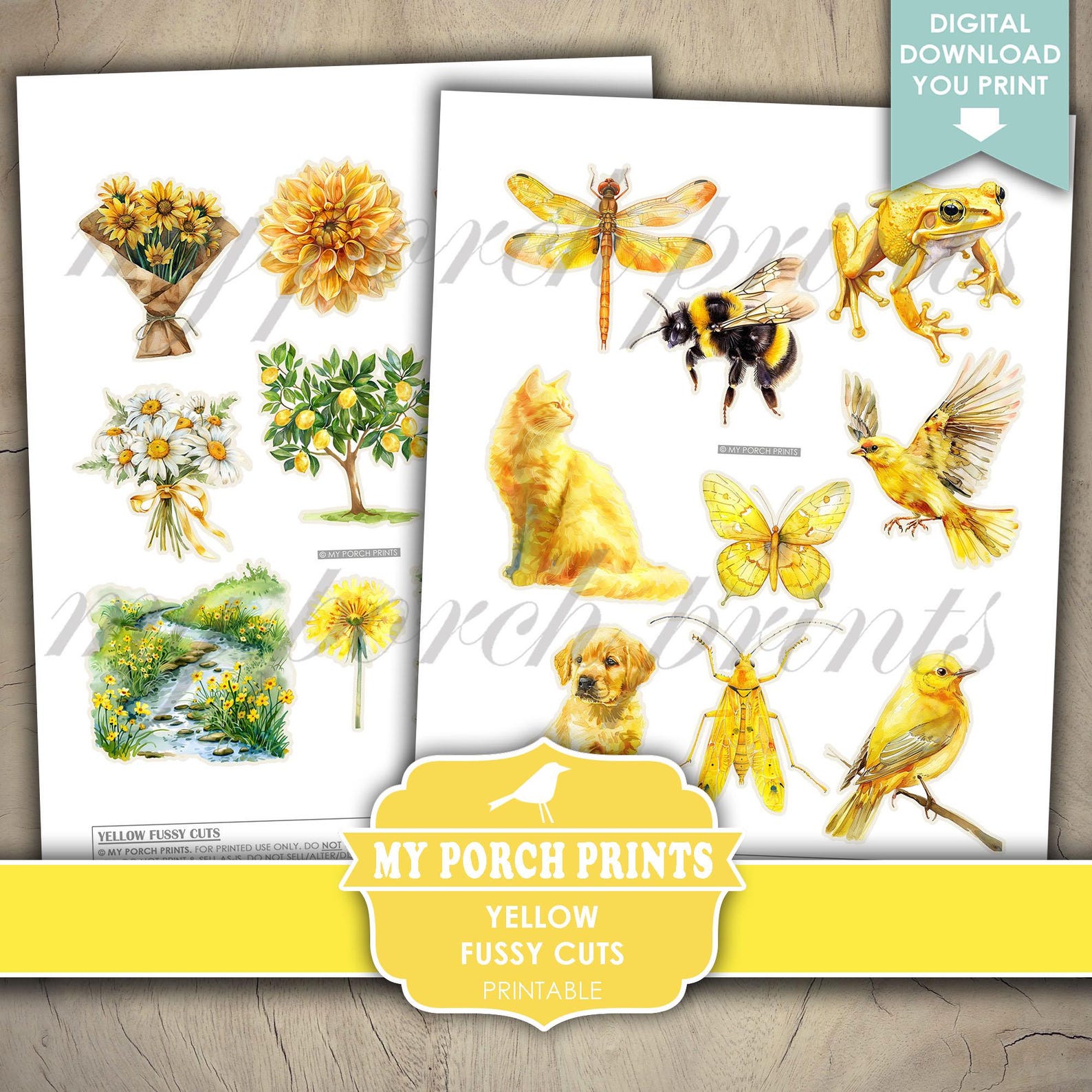 Yellow Color FUSSY CUTS, Junk Journal, Cricut, Stickers, Happy ...
