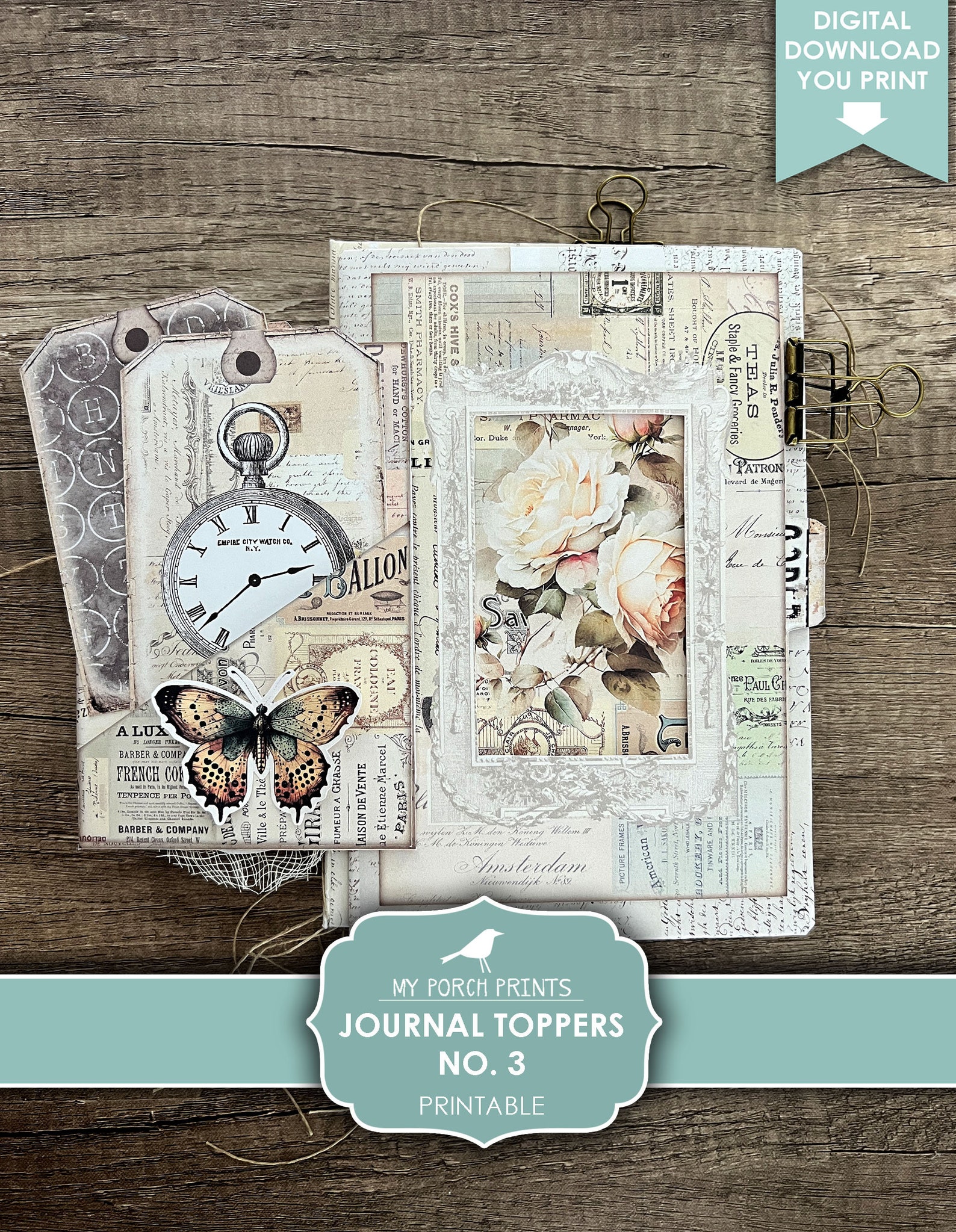 Junk Journal Toppers No. 3, Folio, Sepia and Ivory, Neutral, Roses ...