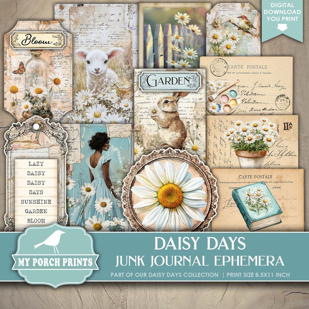 Daisy Days EPHEMERA, Flowers Cottage Blue Pink Yellow Kit Farm Country ...