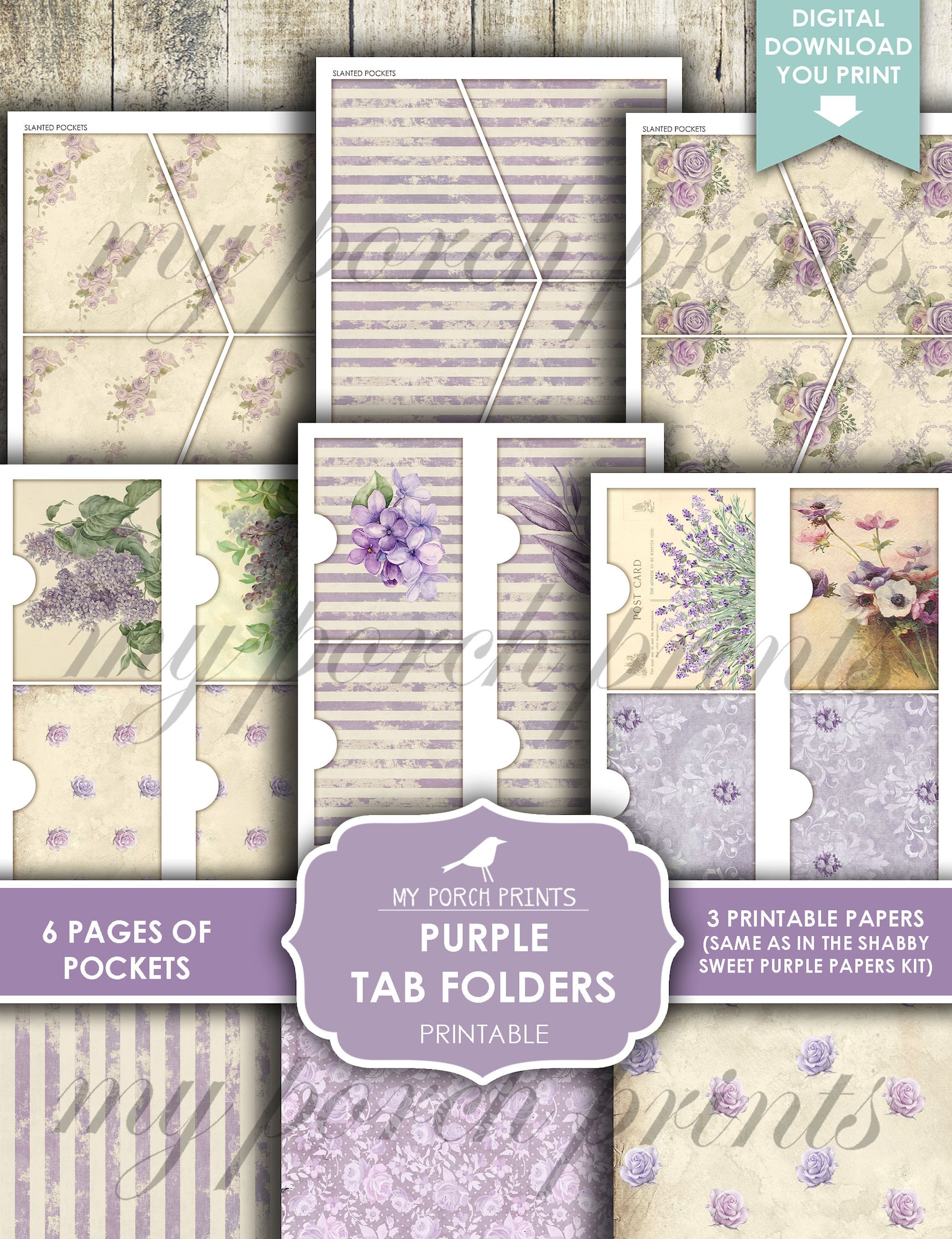 Purple, Tab Folders, Junk Journal, Vintage, Folder, Pockets, Ephemera ...