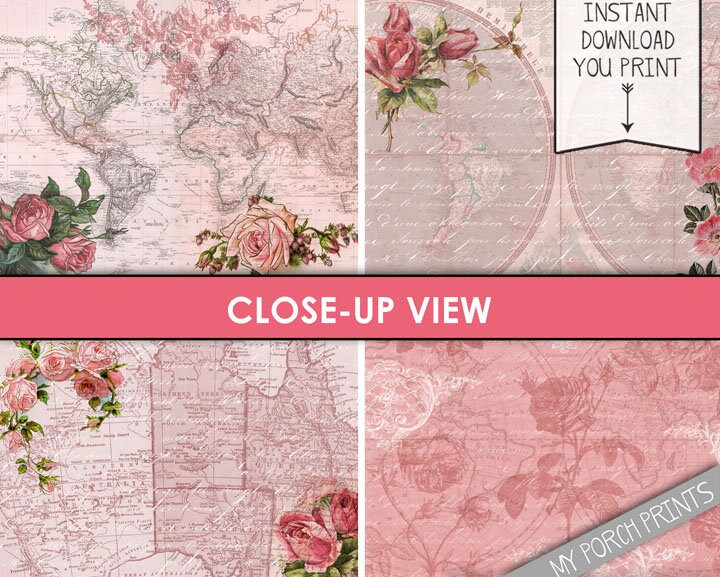 Junk Journal, Maps, Shabby, Pink, Romantic Maps, Printable Paper ...
