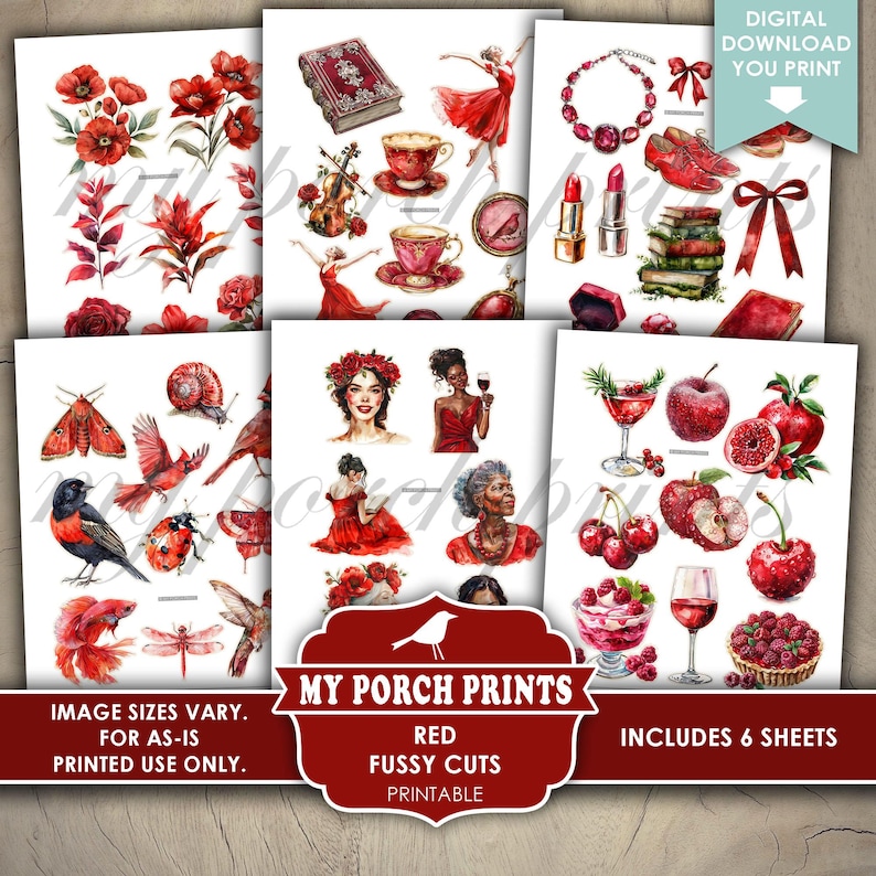 Red Color FUSSY CUTS, Junk Journal, Cricut, Stickers, Elegant, Colorful ...