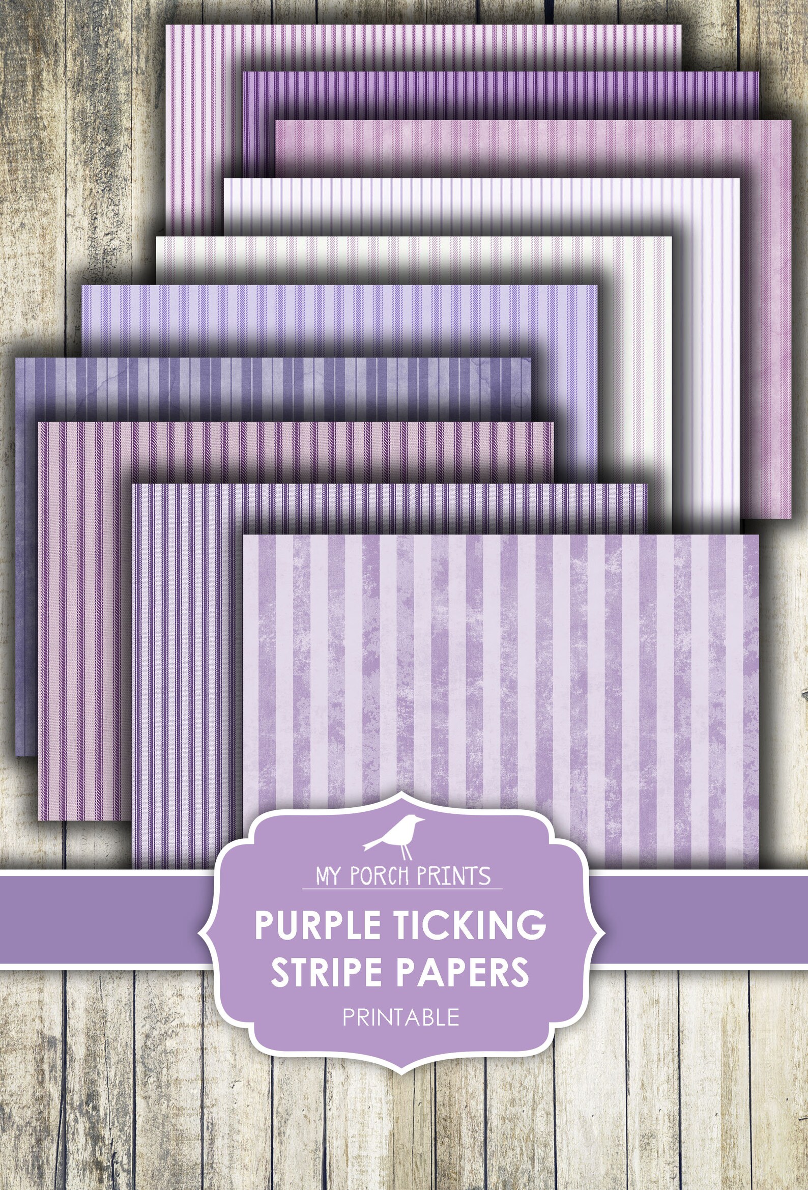 Junk Journal, Ticking Stripe, Papers, Purple, Lavender, Printable ...