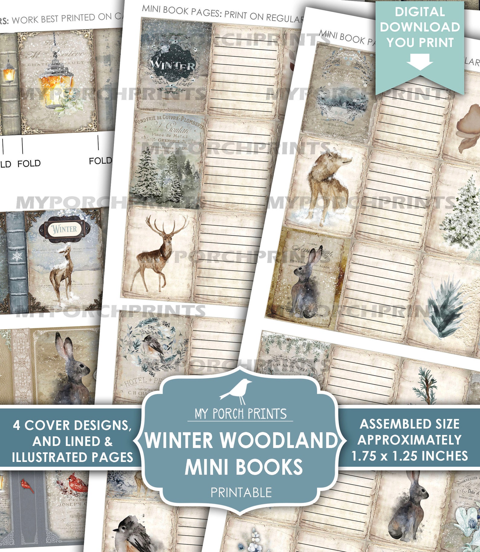 Mini Books, Winter, Woodland, Junk Journal, Forest, Animals, Snow, Wolf ...