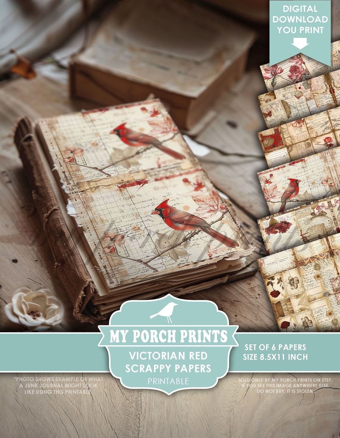 Victorian Red Scrappy Papers, Junk Journal, Pages, Floral, Vintage ...