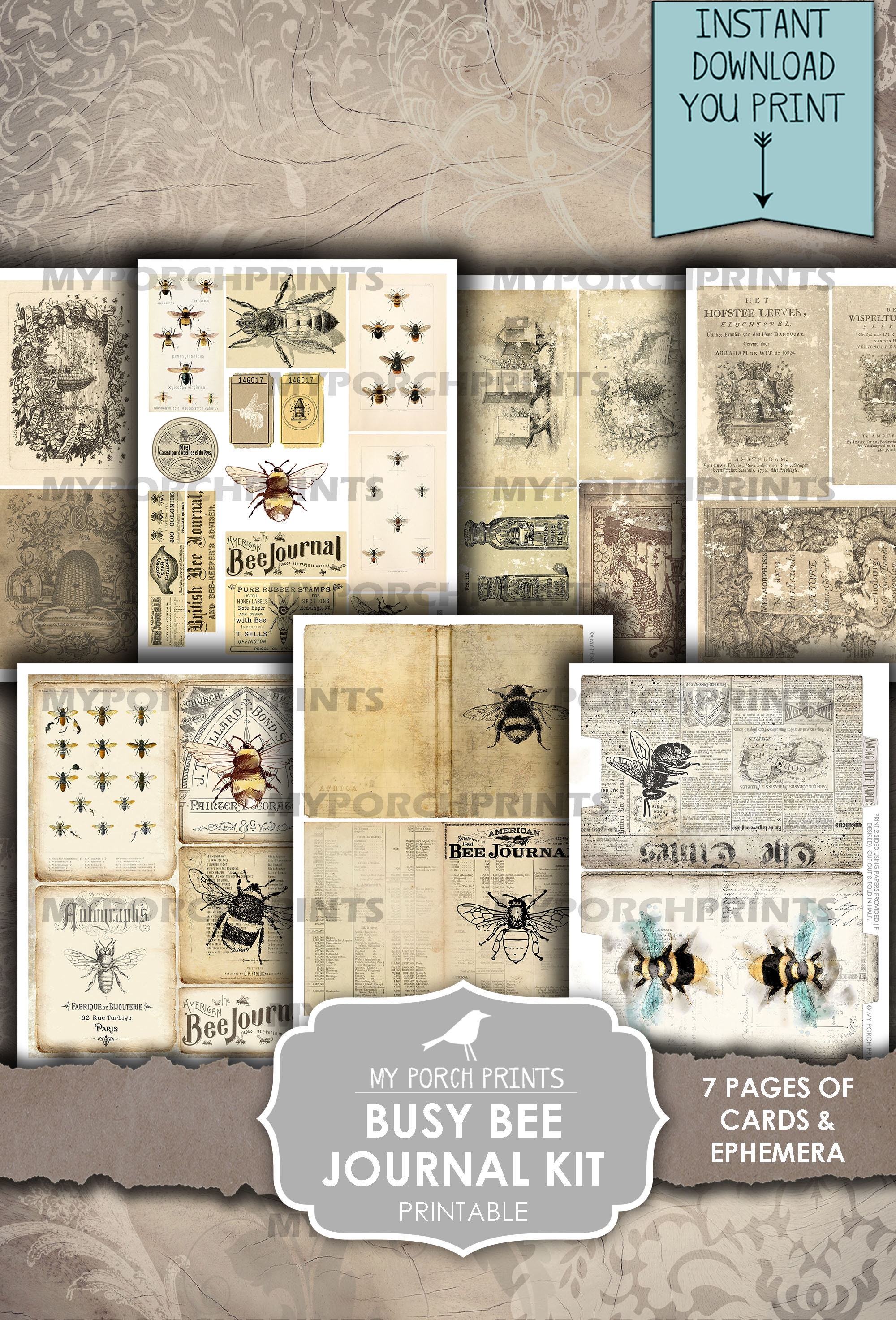Busy Bee, Junk Journal Kit, Beekeeper, Bees, Vintage, My Porch Prints ...