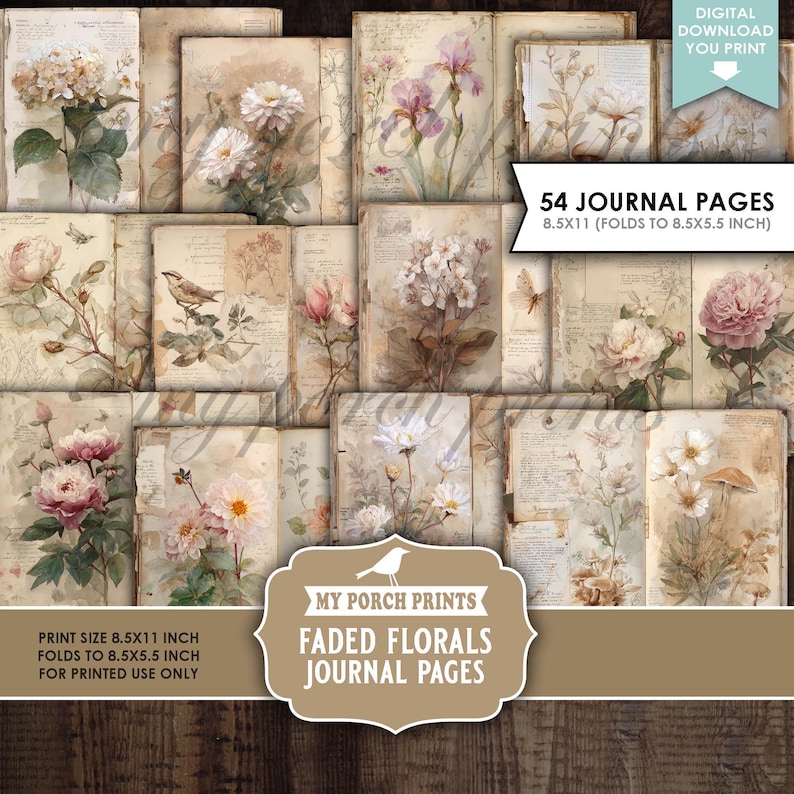 Faded Florals Junk Journal PAGES, Vintage, Flowers, Botanical, Edith ...