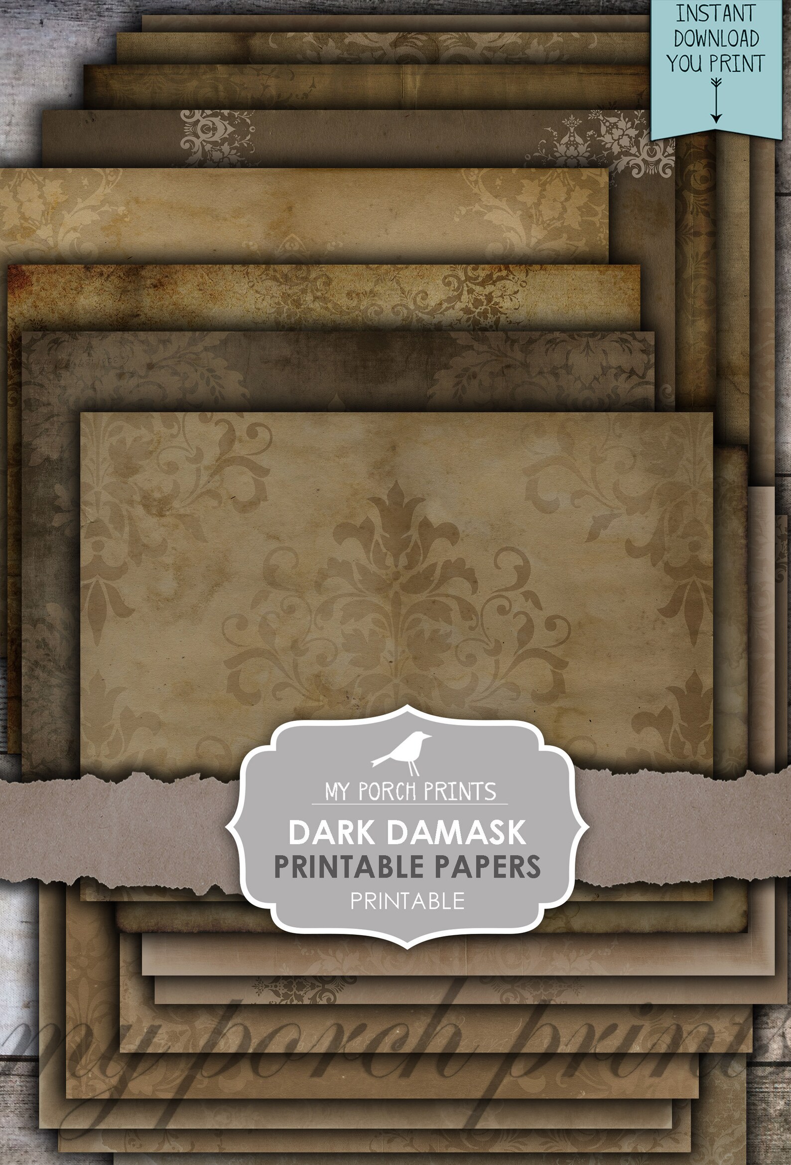 Dark Damask Printable Paper, Grunge, Junk Journal, Coffee Dyed Paper ...