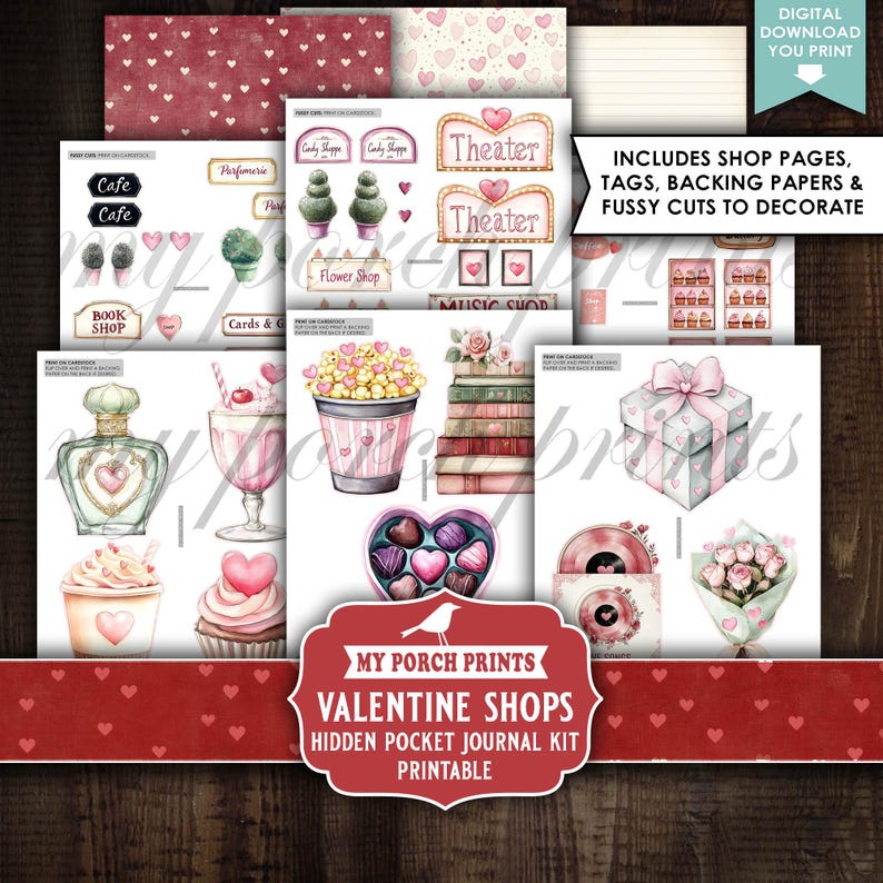 Valentine Shops Pocket Junk Journal Kit, Hidden House Valentine's Day ...