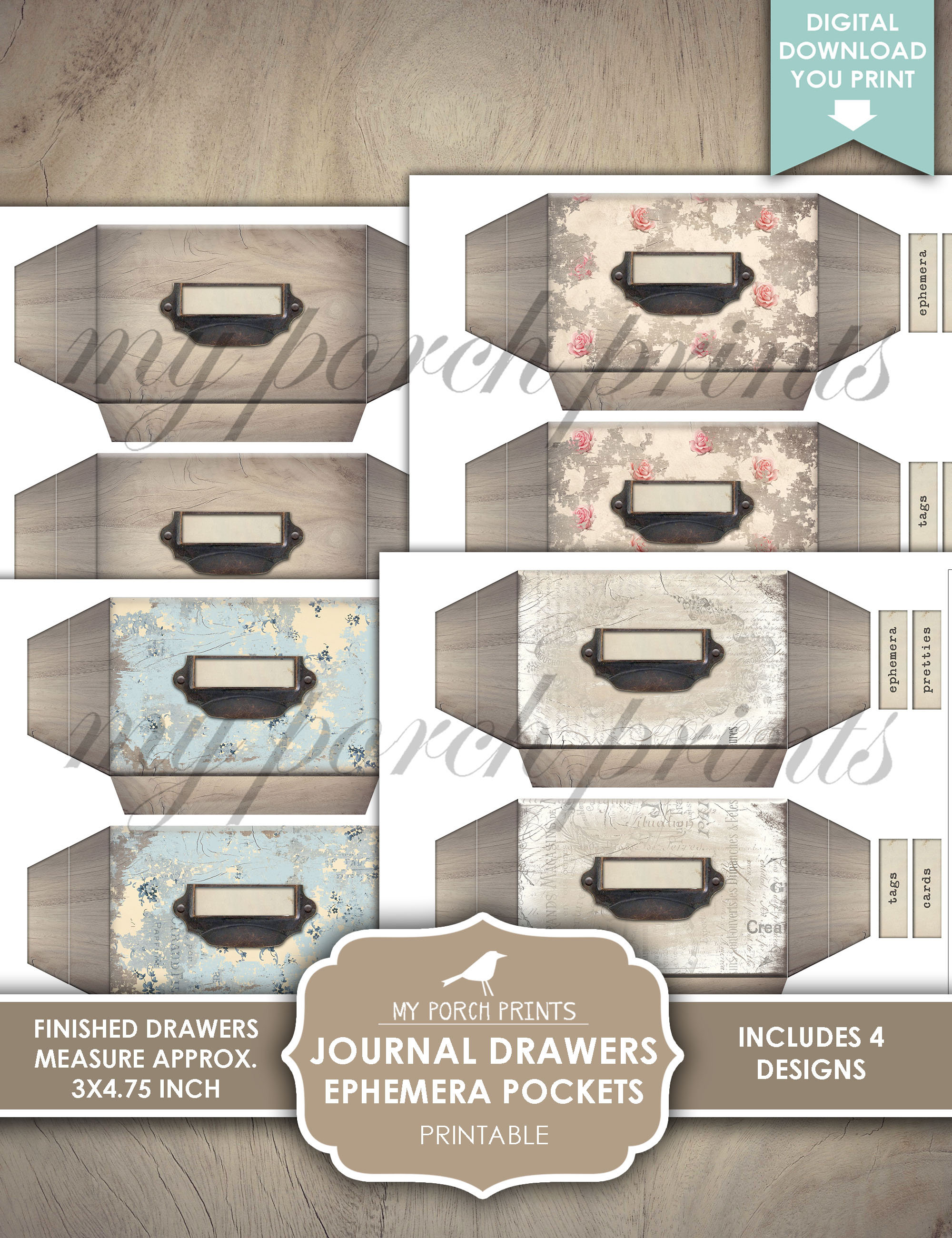 Journal, Drawers, Pockets, Junk Journal, Ephemera, Shabby, Pink, Blue ...