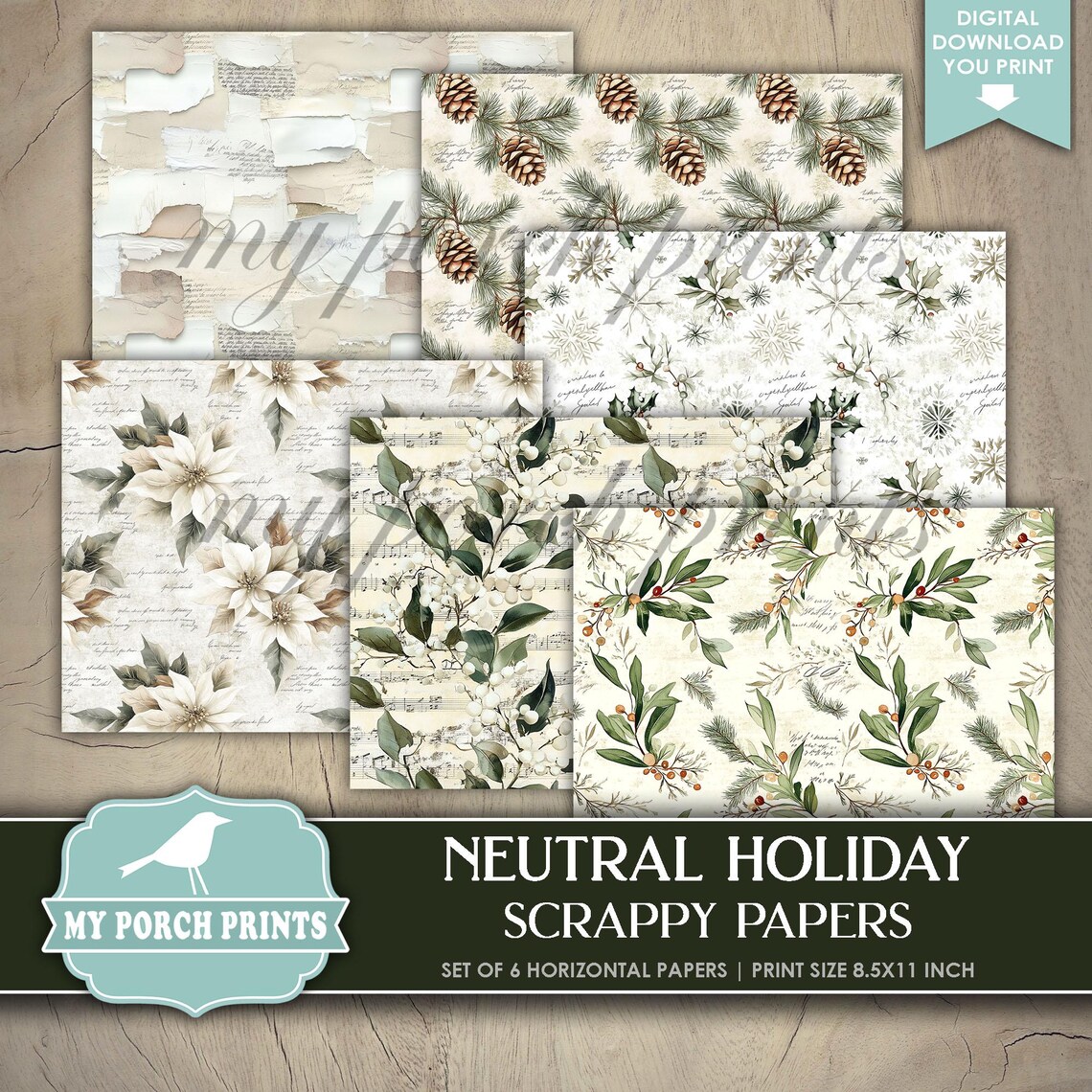 Neutral Holiday Scrappy Papers, Junk Journal, Pages, Christmas, Winter ...