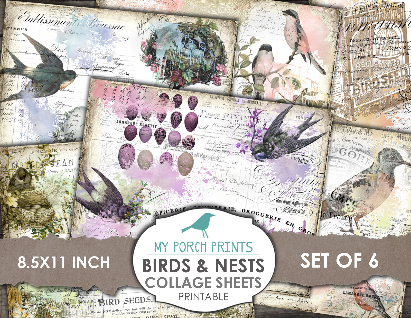 Bird, Nest, Collage Sheet, Journal Page, Watercolor, My Porch Prints ...