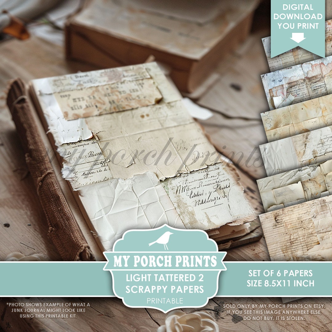 Light Tattered 2 Scrappy Papers, Junk Journal Pages, Vintage, Shabby ...