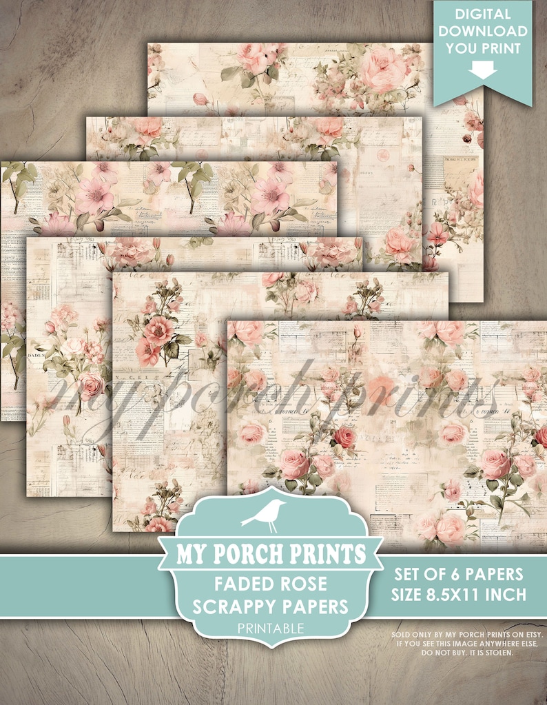Faded Rose Scrappy Papers, Junk Journal Pages, Floral, Vintage, Shabby ...