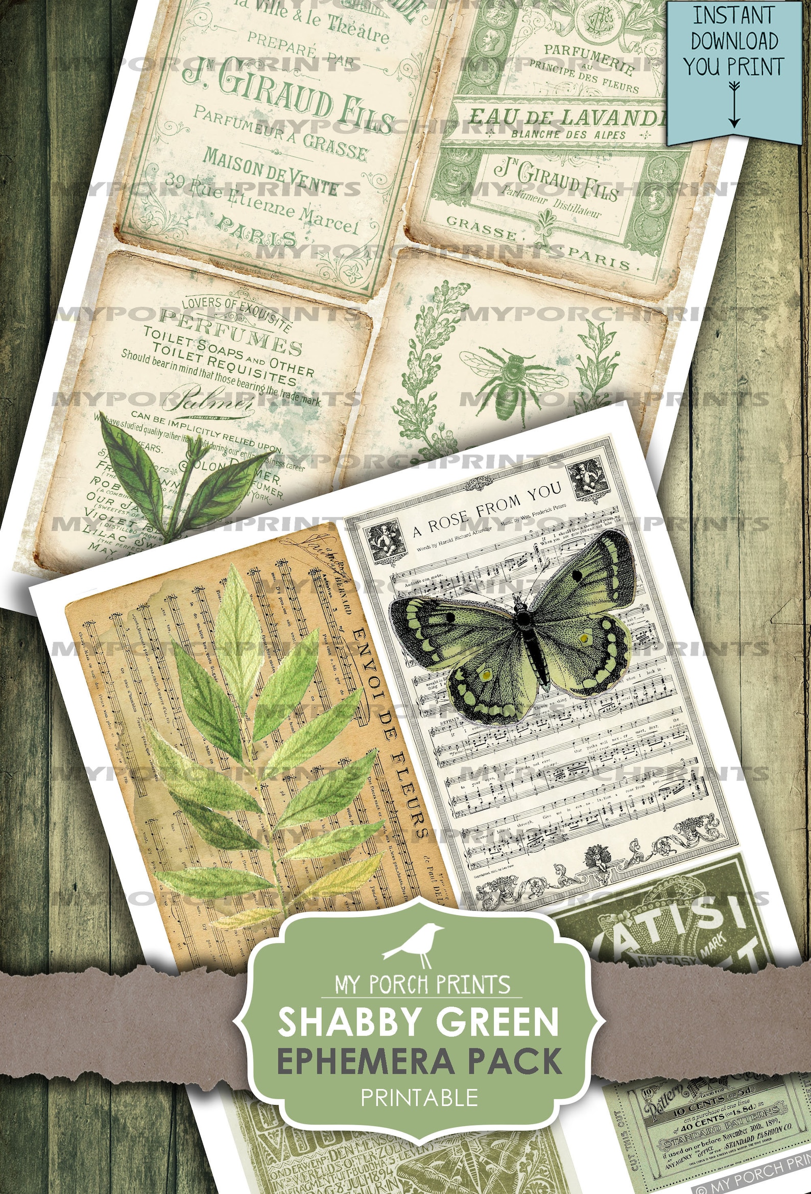 Shabby, Green, Ephemera, Pack, Junk Journal, Butterfly, Tags, My Porch ...