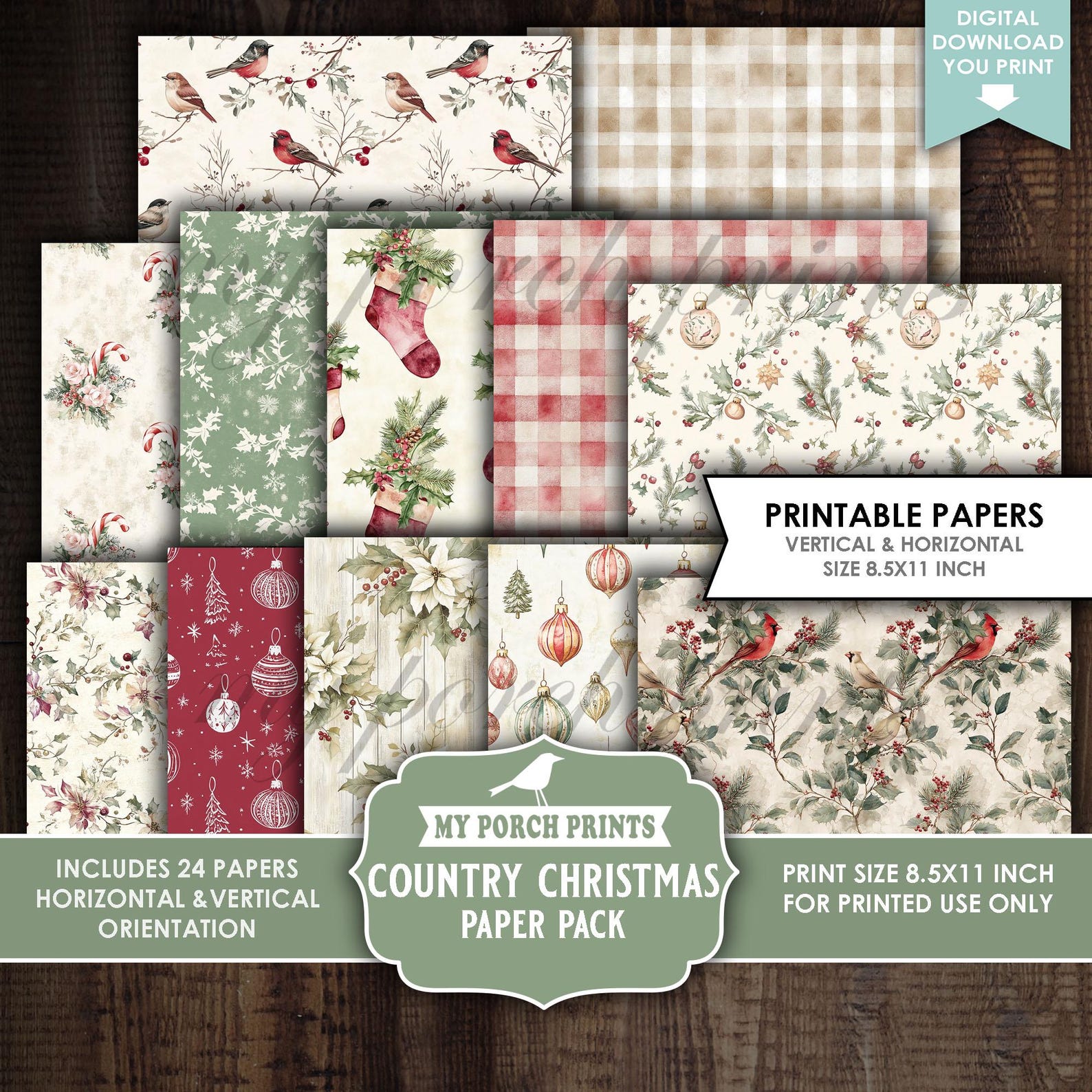 Country Christmas Paper Pack, Junk Journal, Holiday, Merry, Red, Green ...