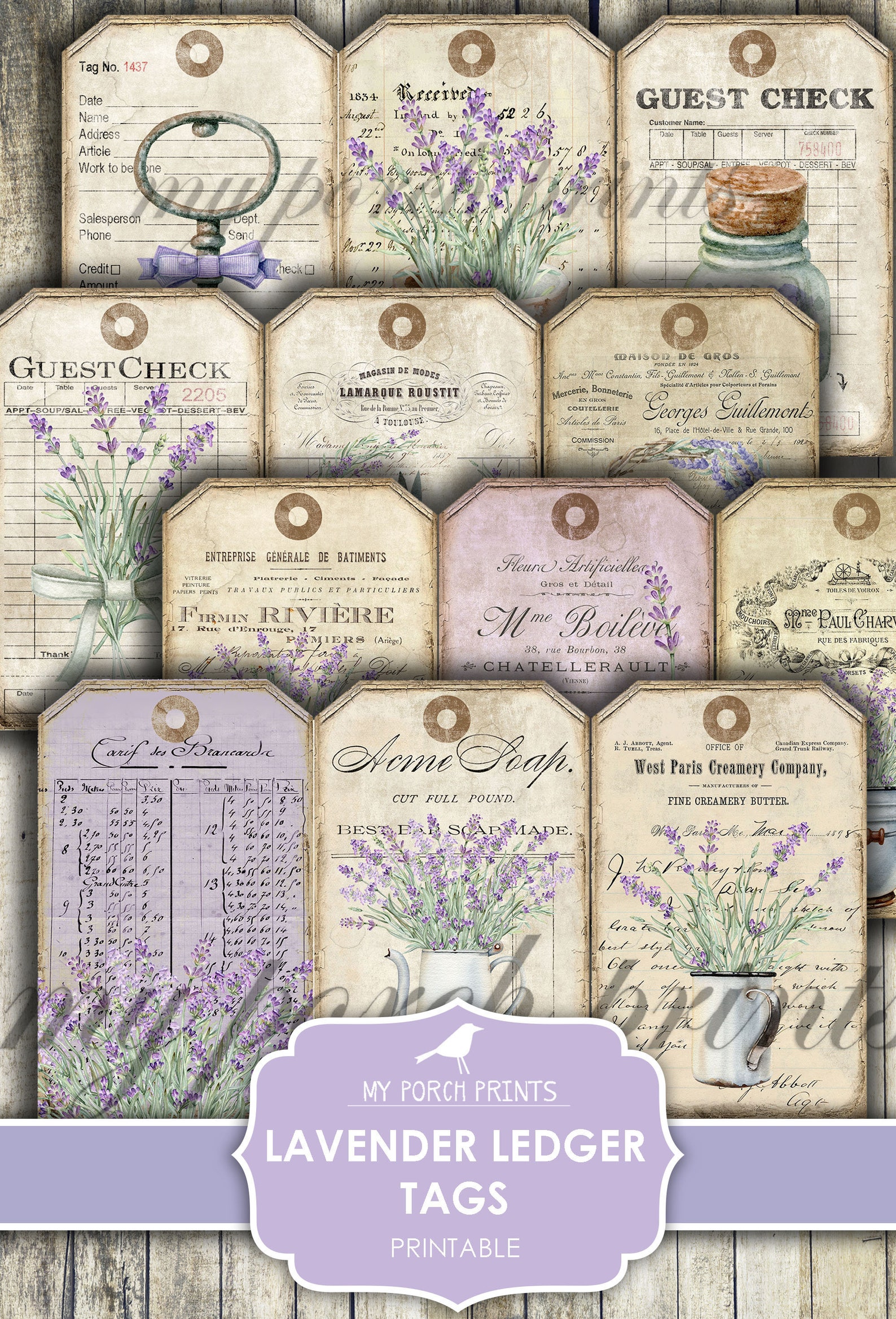 Lavender Ledger Tags, Junk Journal, Ephemera, My Porch Prints, Purple ...