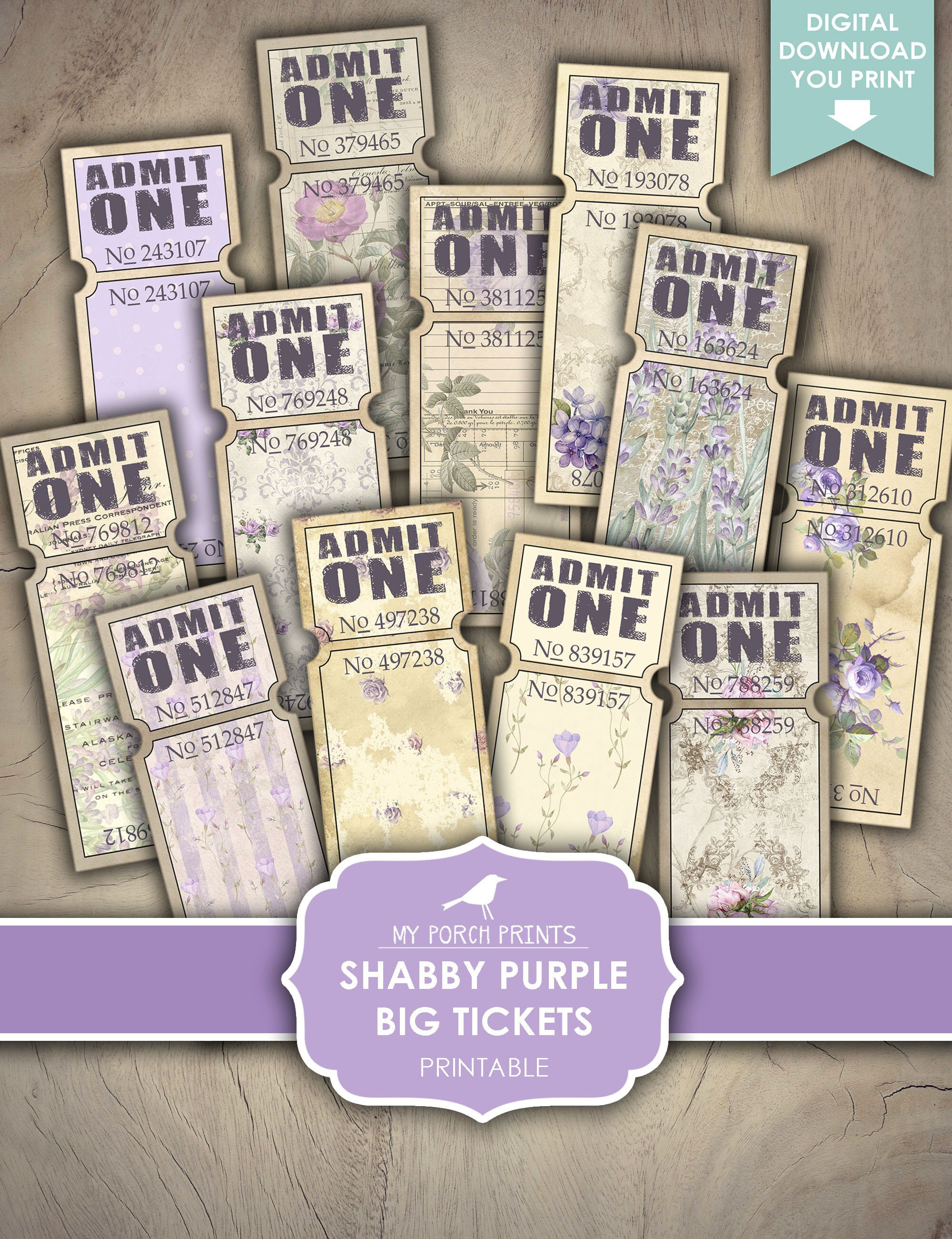 Junk Journal Tickets Shabby Purple Big Large Vintage - Etsy