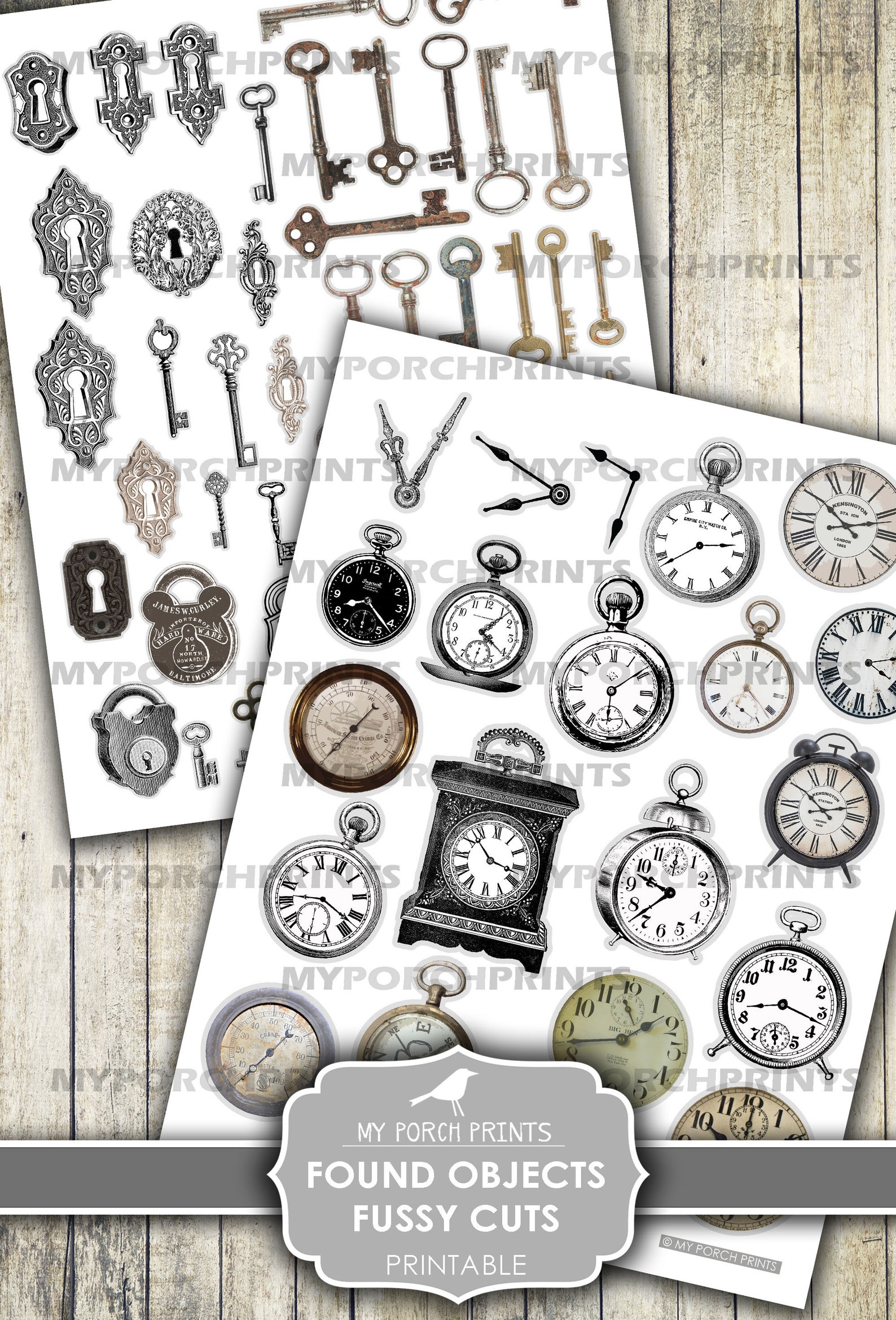 Junk Journal Ephemera, Fussy Cut, Found Object, Clock, Key, Antique ...