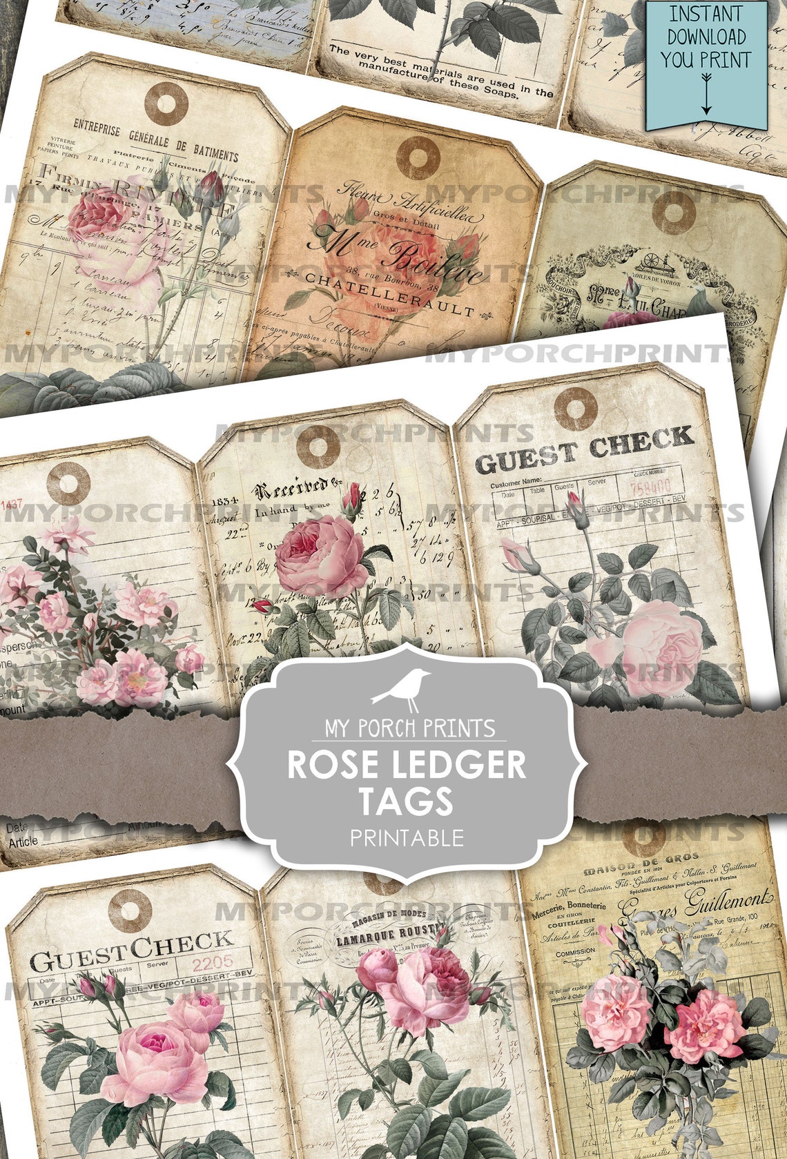 Rose Ledger Tags, Junk Journal, Ephemera, My Porch Prints ...