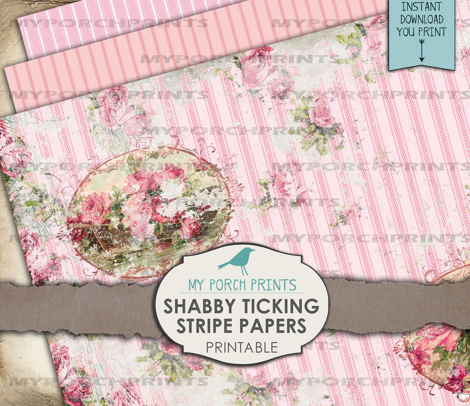 Shabby Ticking Stripe Papers, Junk Journal, Printable, Ephemera, Chic ...