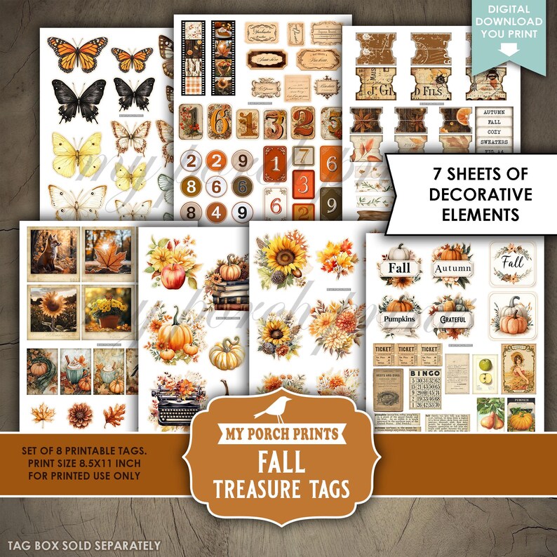 Fall Treasure Tags Kit, Junk Journal, Fussy Cuts, Autumn, Tag, Pumpkin ...