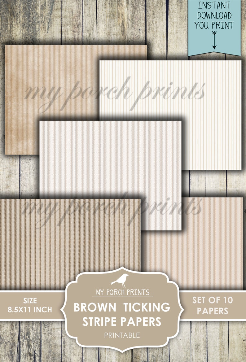 Junk Journal, Ticking Stripe, Papers, Brown, Neutral, Printable, Coffee ...