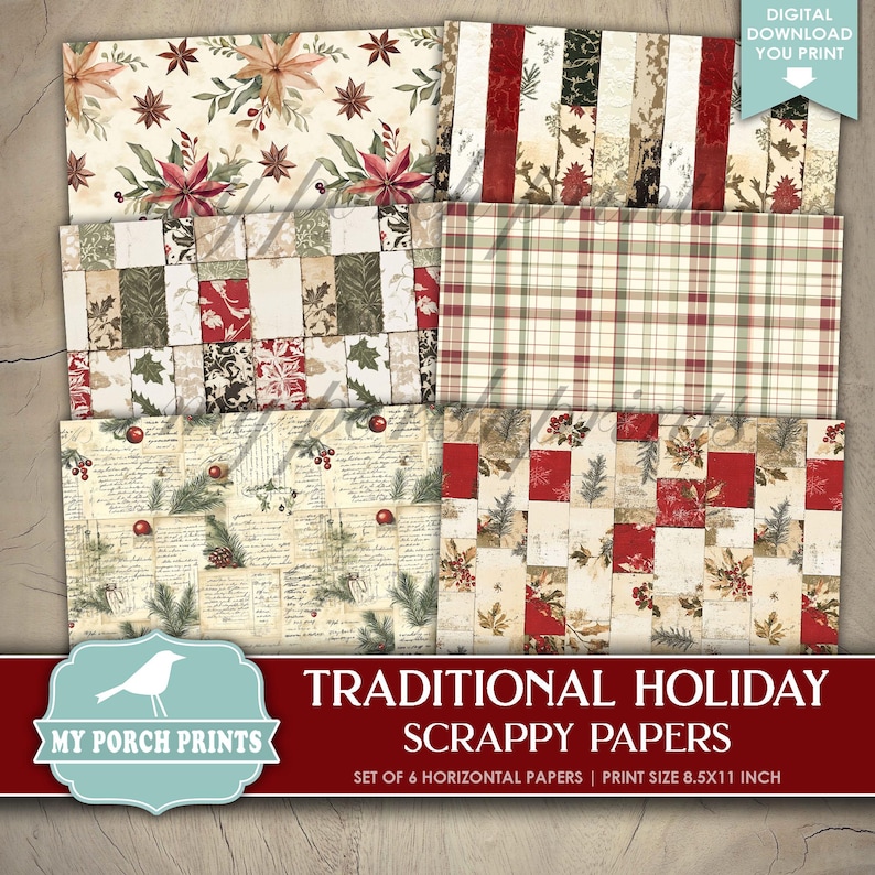 Traditional Holiday Scrappy Papers, Junk Journal, Pages, Christmas, Red ...