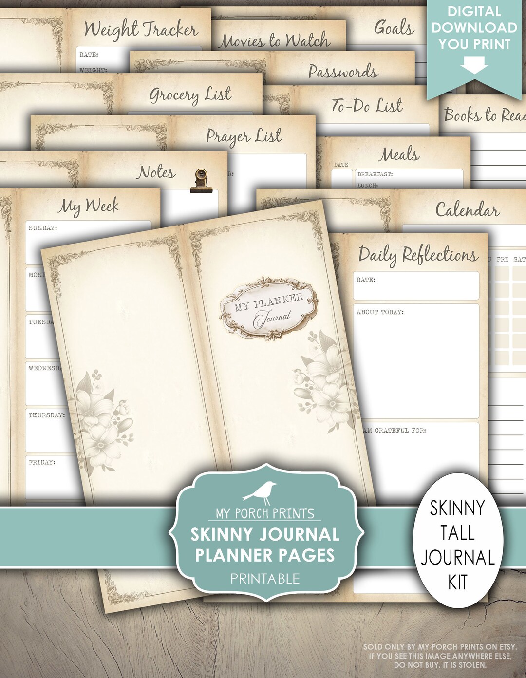 Skinny Planner Pages, Junk Journal, Tall, Kit, Neutral, Calendar ...