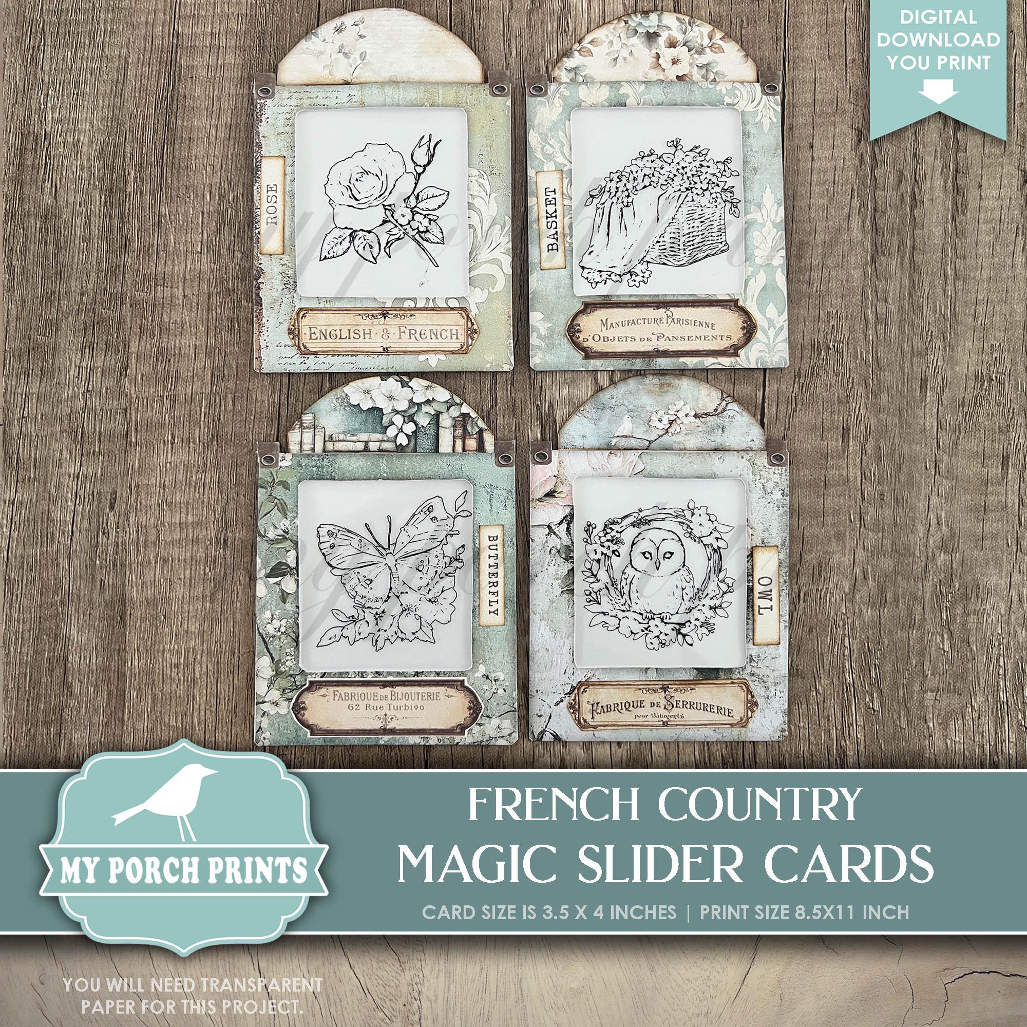 French Country Magic Slider Cards, Junk Journal, Black and White Color ...