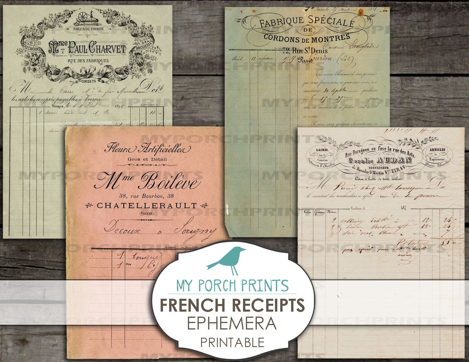 French Receipts Ephemera Cards, Ledger, Invoice, Scrapbooking, Shabby ...