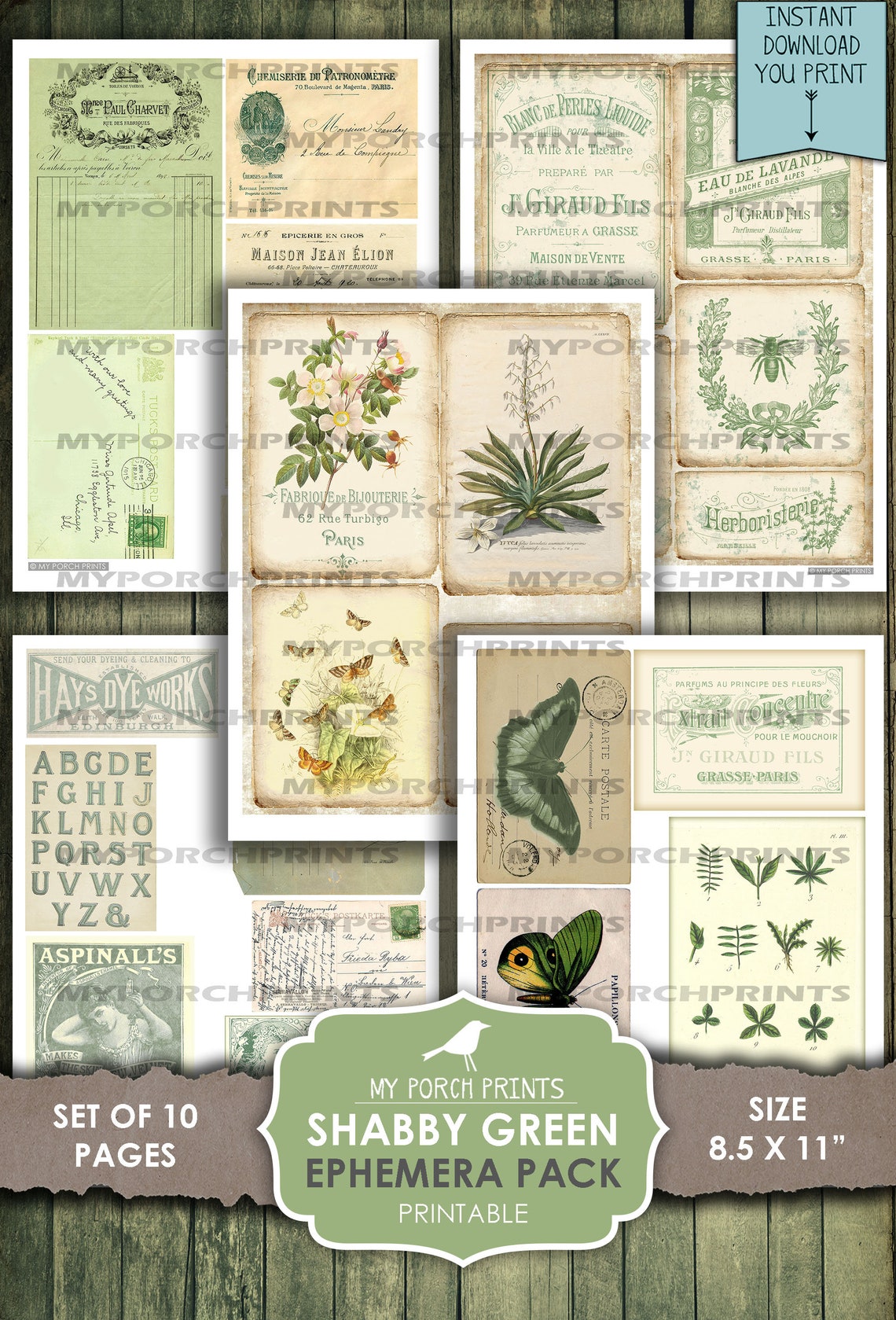 Shabby, Green, Ephemera, Pack, Junk Journal, Butterfly, Tags, My Porch ...