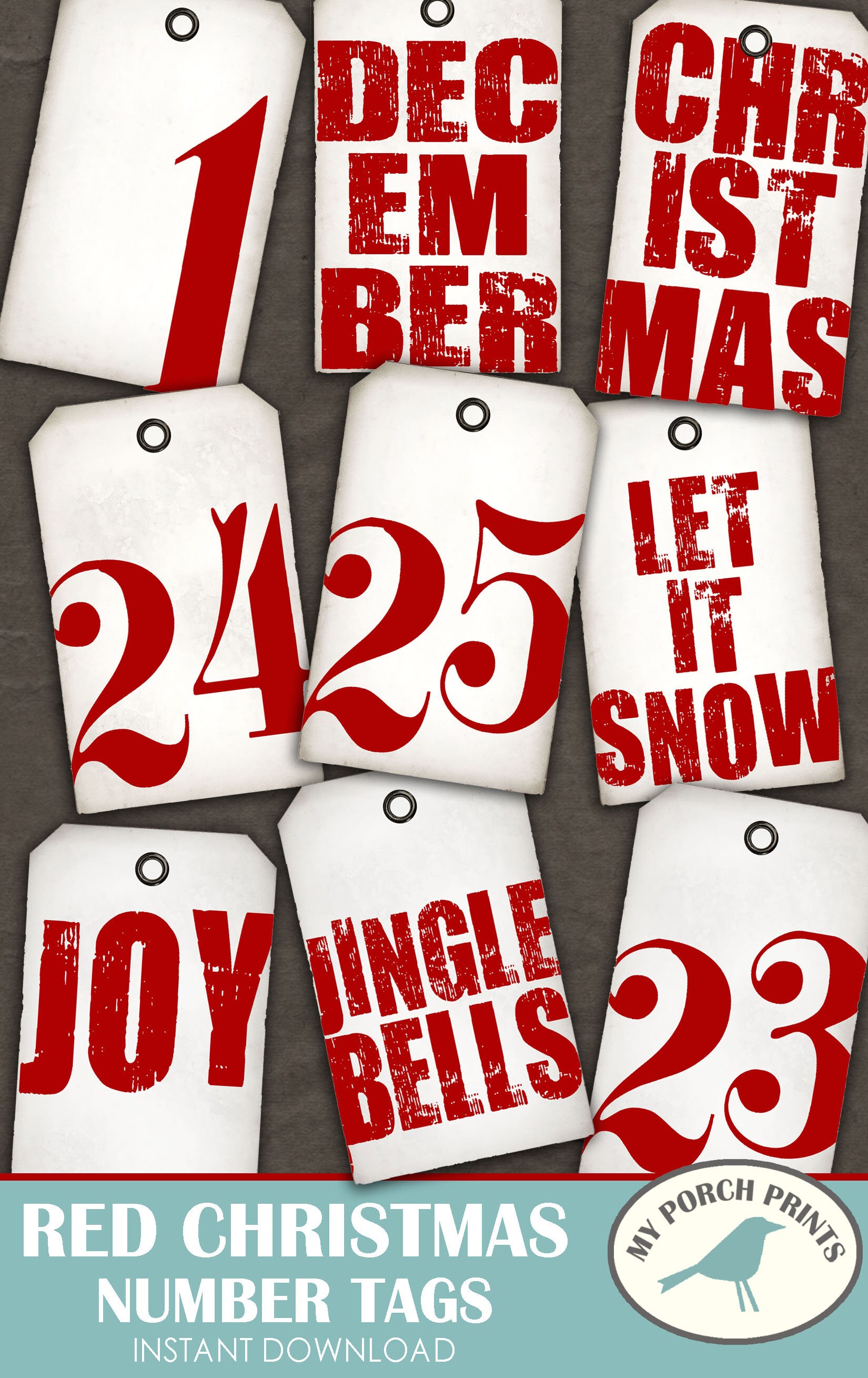 Red Christmas Number Tags, Countdown, Advent, December Daily, Numbers ...