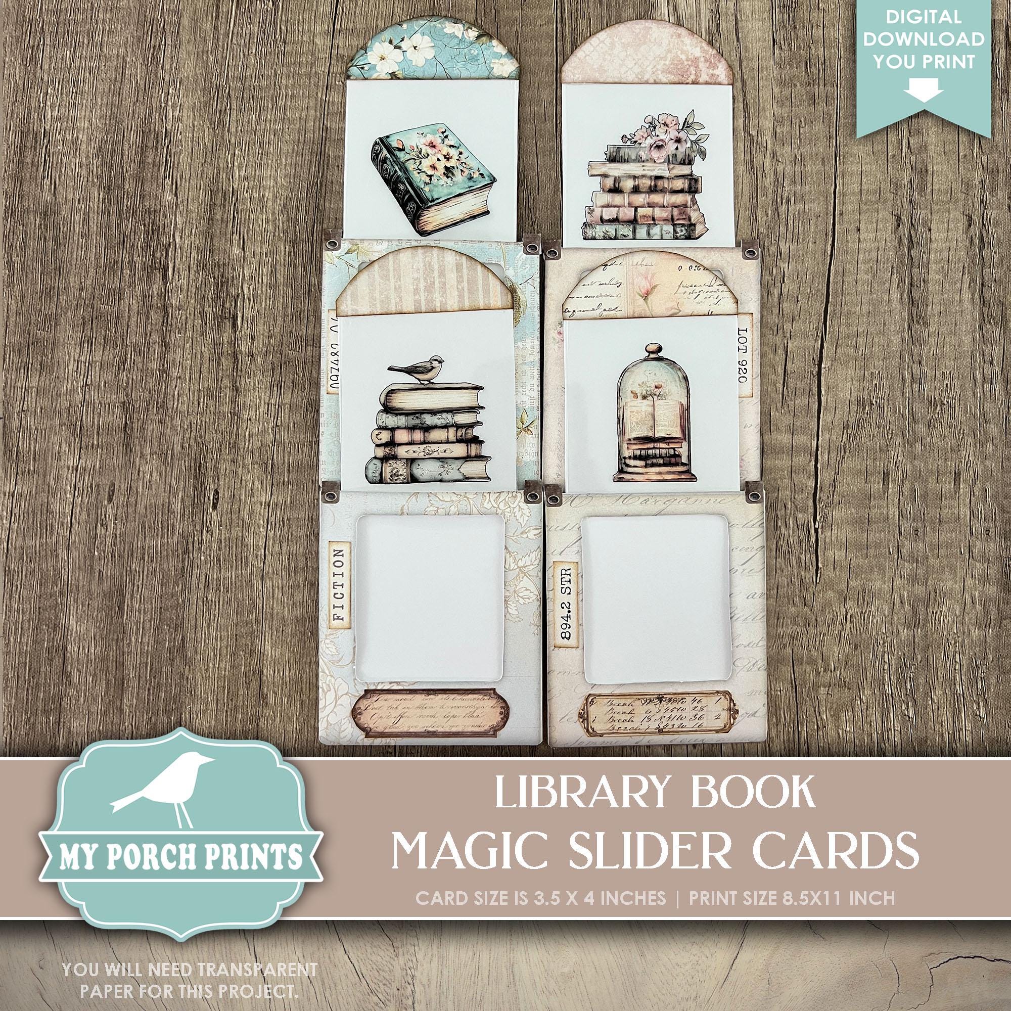 Library Book Magic Slider Cards, Junk Journal, Black and White, Color ...