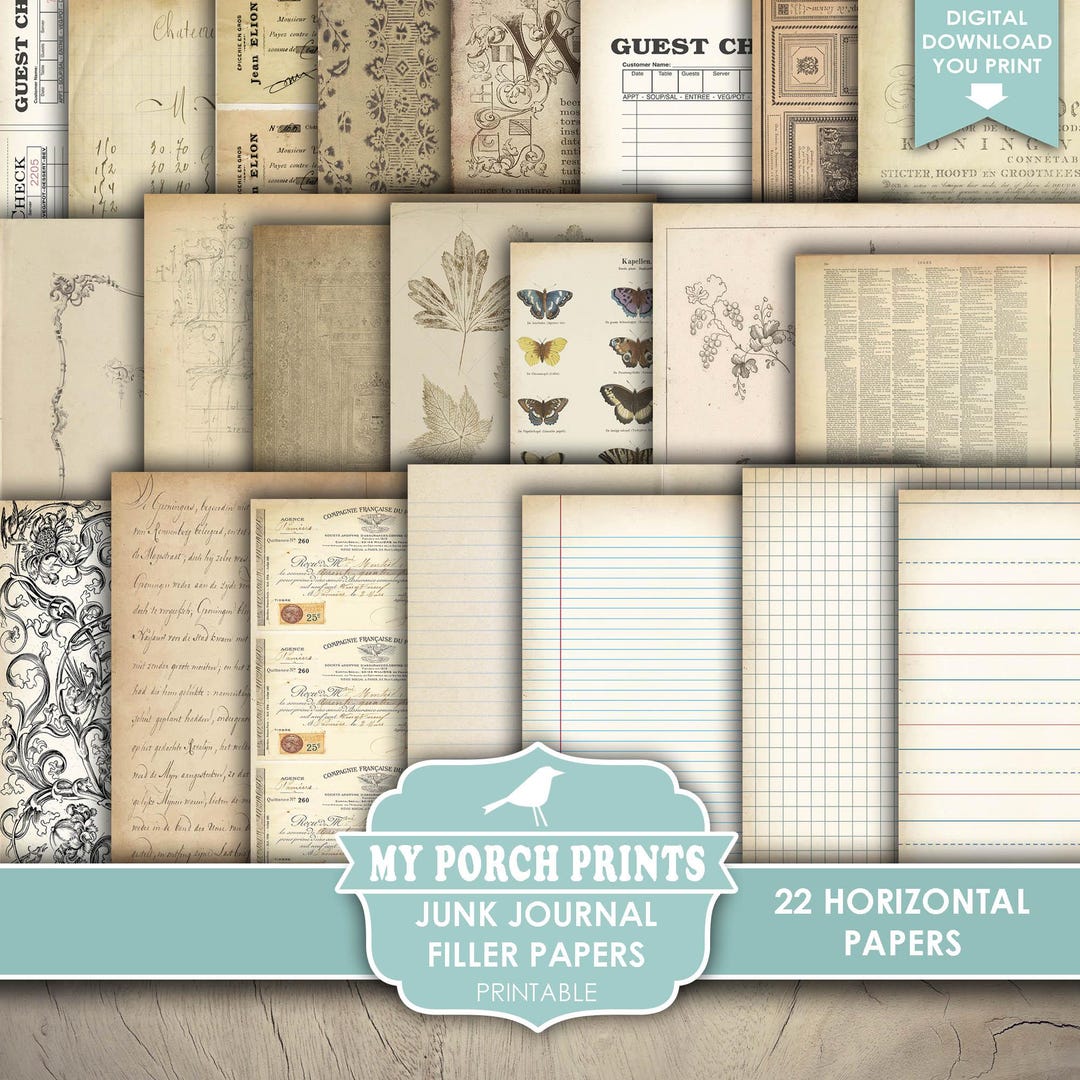 Junk Journal Filler Papers HORIZONTAL, Vintage Neutral Extra Pages ...