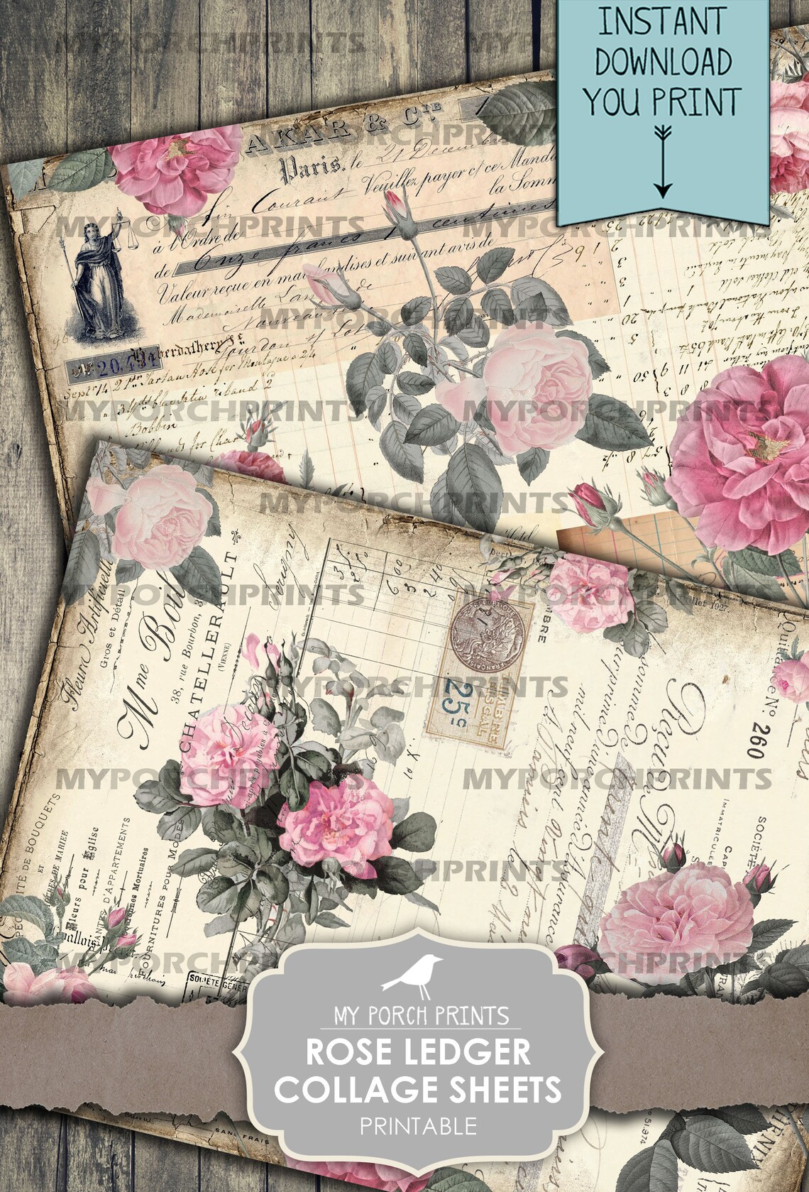 Junk Journal Rose Ledger Collage Sheets Printable Papers - Etsy