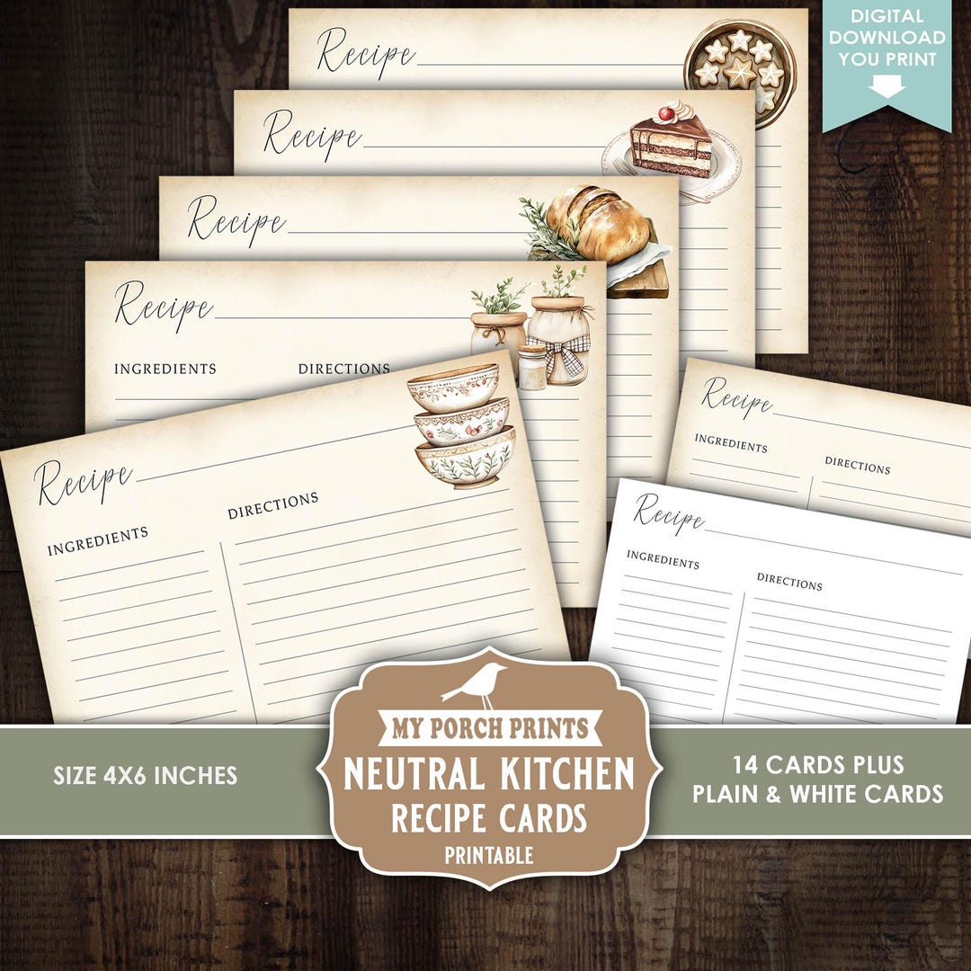 Neutral Kitchen Recipe Cards, Junk Journal, Cooking, Baking, Cake ...