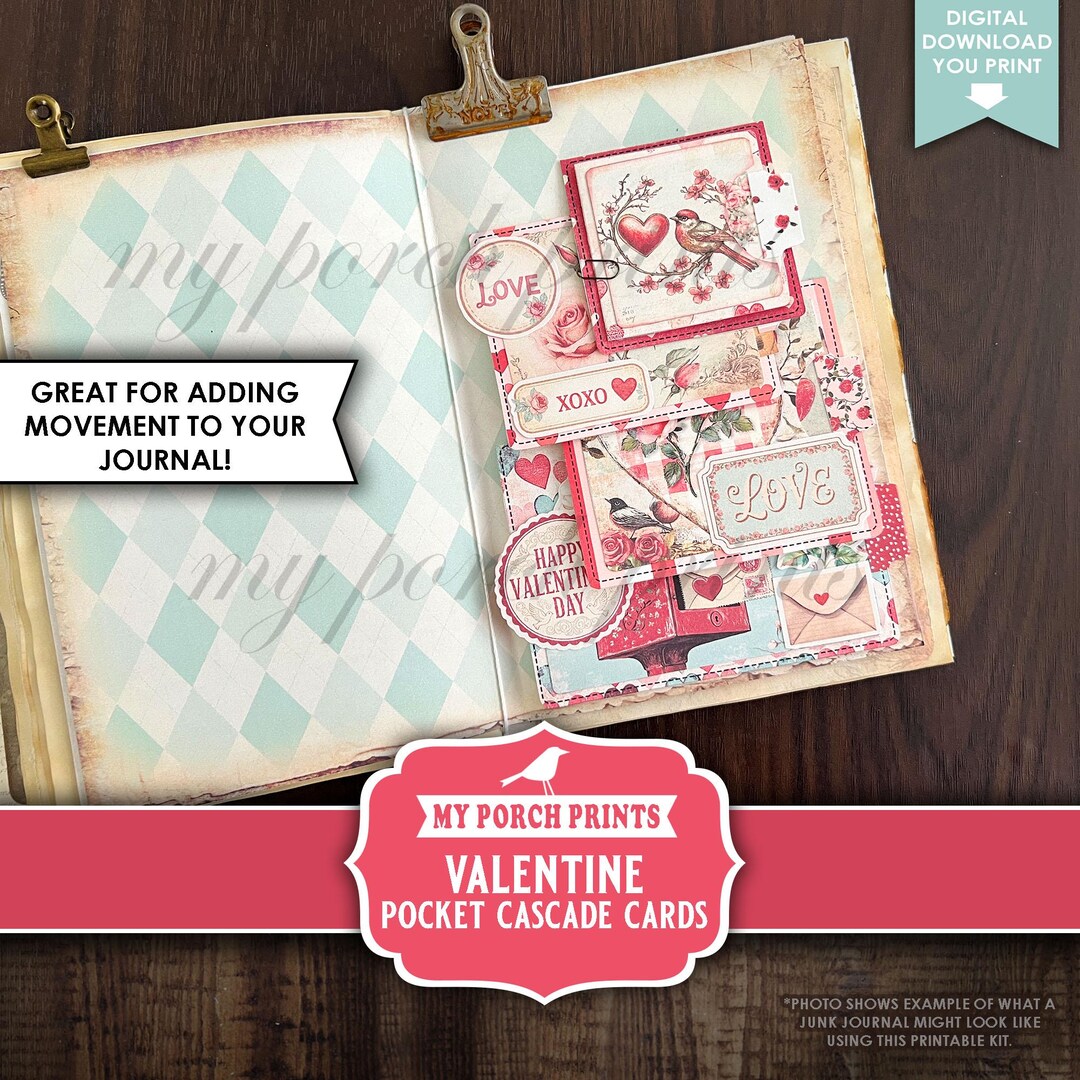 Valentine Pocket Cascade Cards, Junk Journal, Ephemera, Card, Movement ...