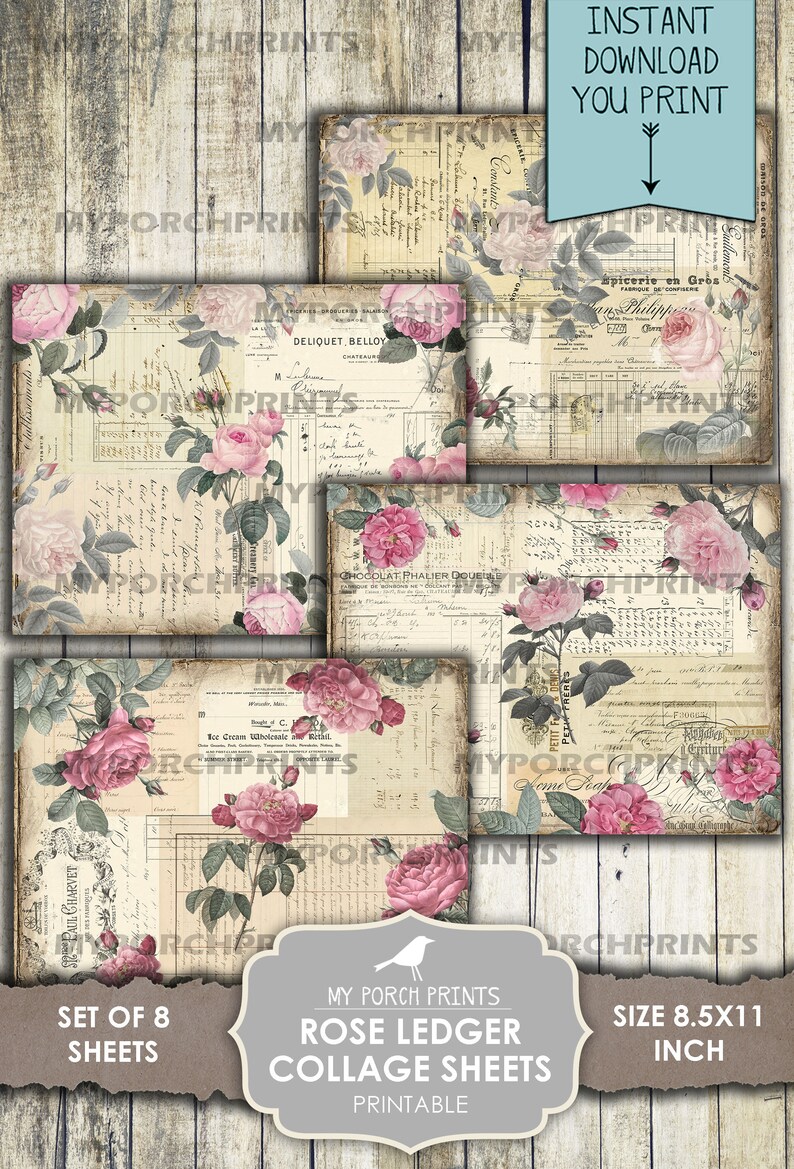 Junk Journal, Rose, Ledger, Collage Sheets, Printable Papers, Junk ...