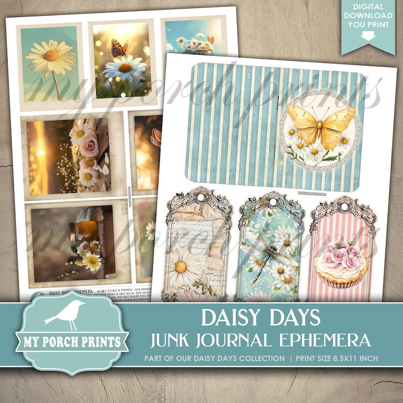 Daisy Days EPHEMERA, Flowers Cottage Blue Pink Yellow Kit Farm Country ...