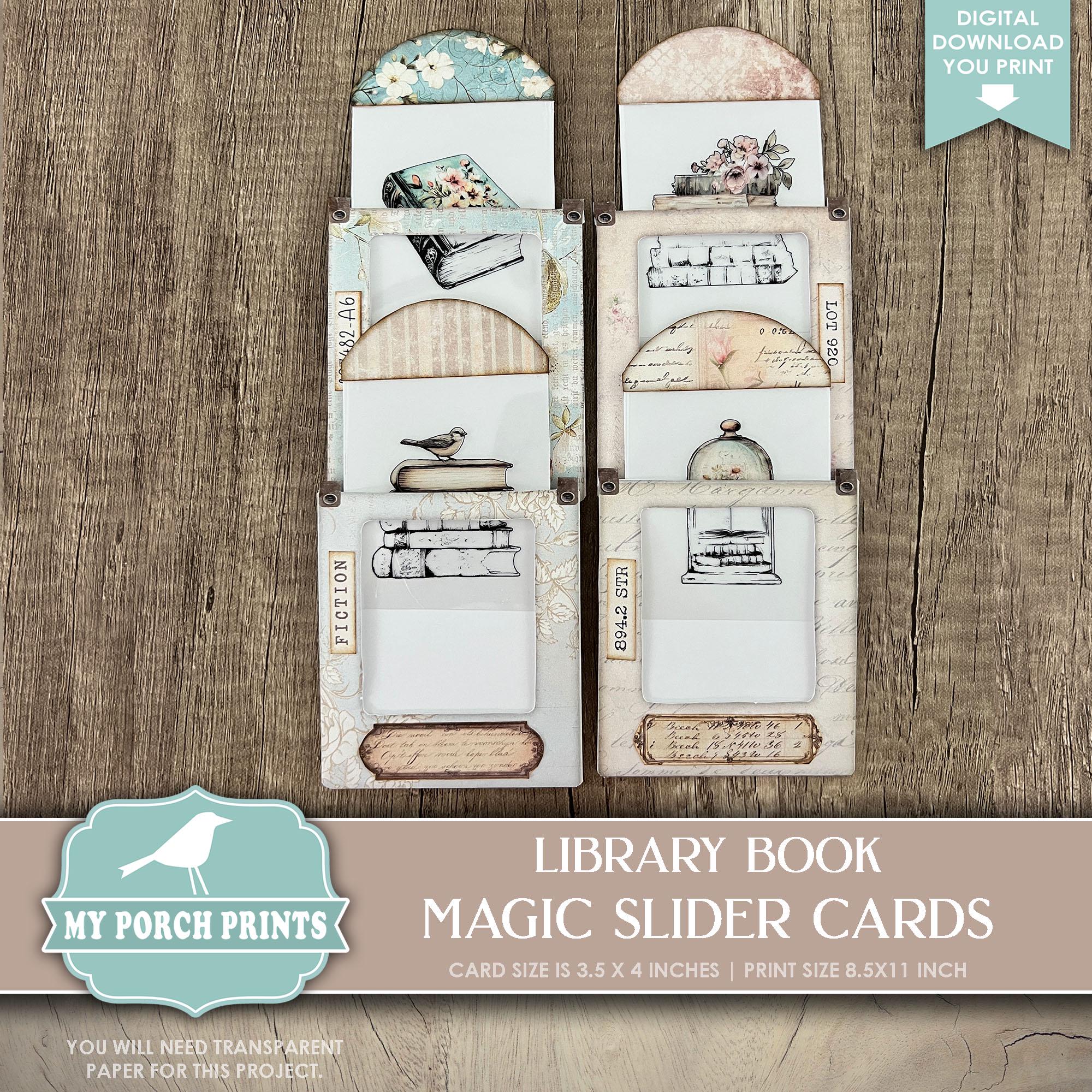 Library Book Magic Slider Cards, Junk Journal, Black and White, Color ...