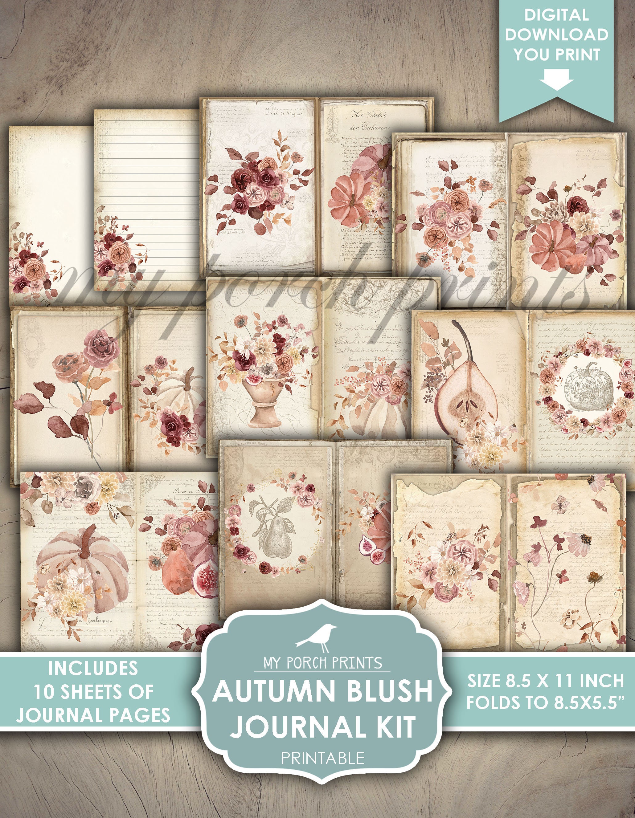 Junk Journal Kit, Autumn, Blush, Fall, Pumpkin, Pink, Apple, Paper ...