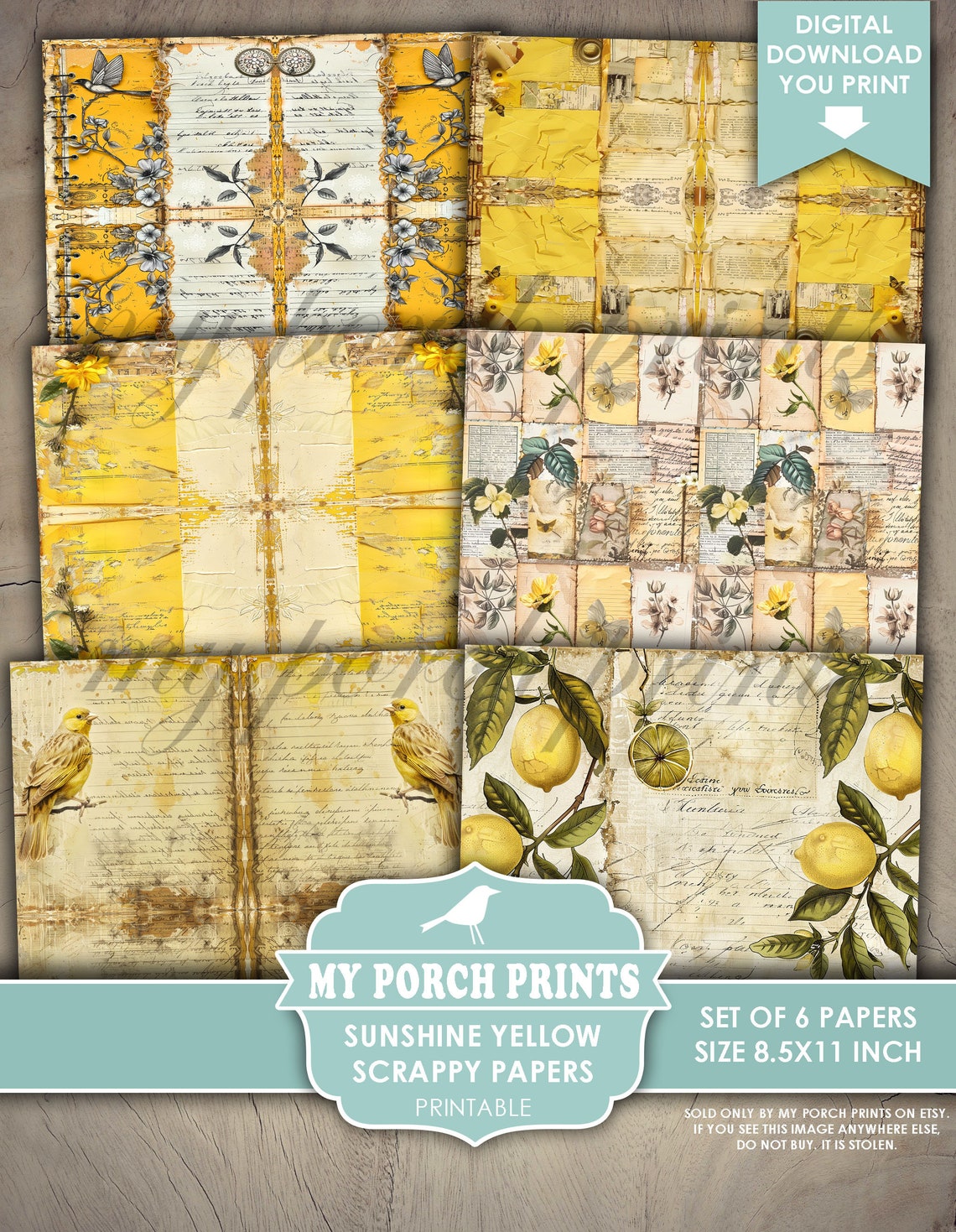 Sunshine Yellow Scrappy Papers, Junk Journal, Pages, Floral, Vintage ...