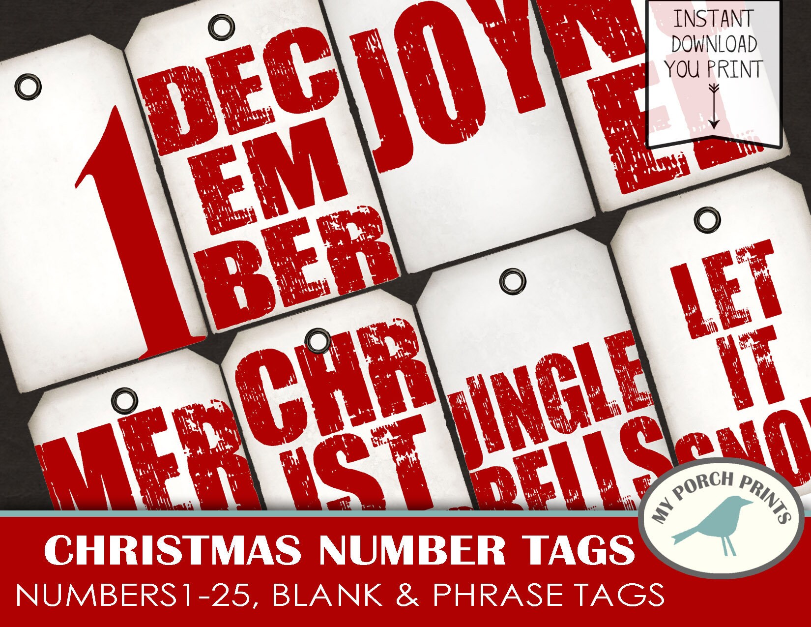Red Christmas Number Tags, Countdown, Advent, December Daily, Numbers ...