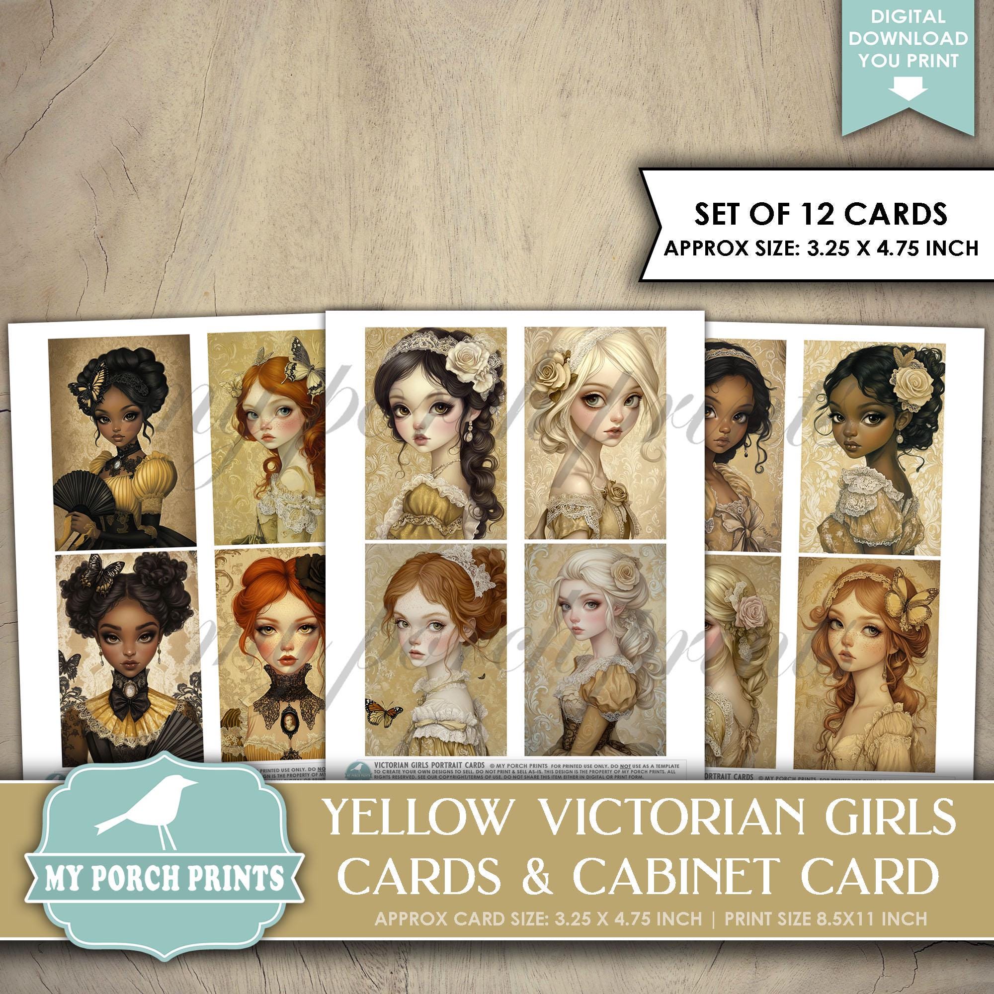 YELLOW Victorian Girls Cards and Cabinet Card, Junk Journal, Portrait ...