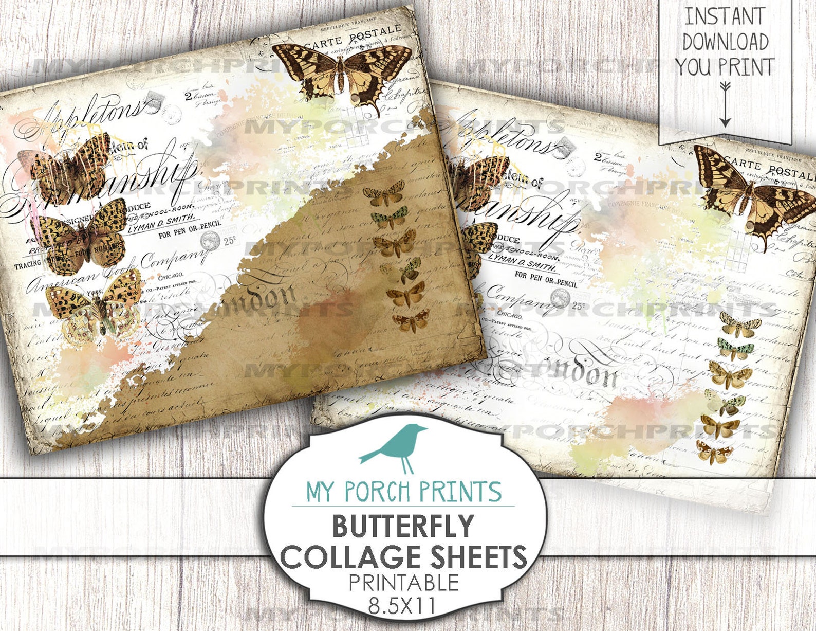 Butterfly Collage Sheet, Journal Page, Watercolor, My Porch Prints ...