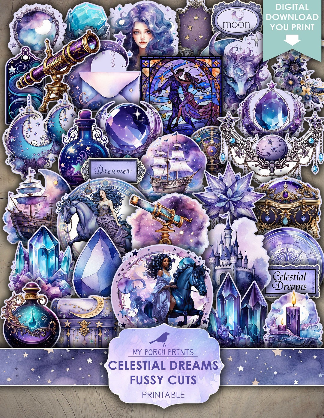 Celestial Dreams Fussy Cuts, Junk Journal, Galaxy Stars, Girls, Purple, Cricut, Bujo, Stickers ...