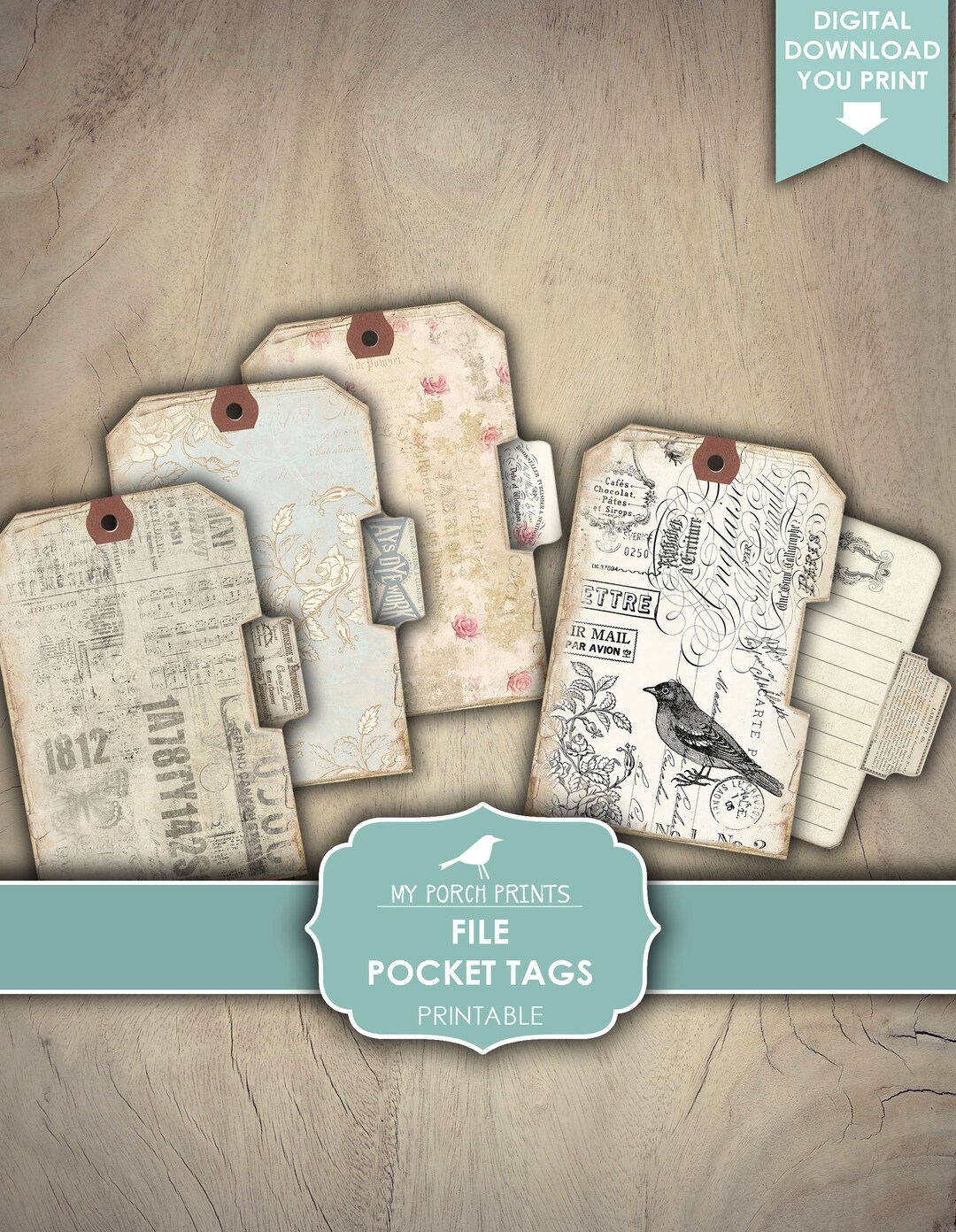 Junk Journal, File Pocket Tags, Ephemera, Shabby, Blue, Neutral, Faded ...