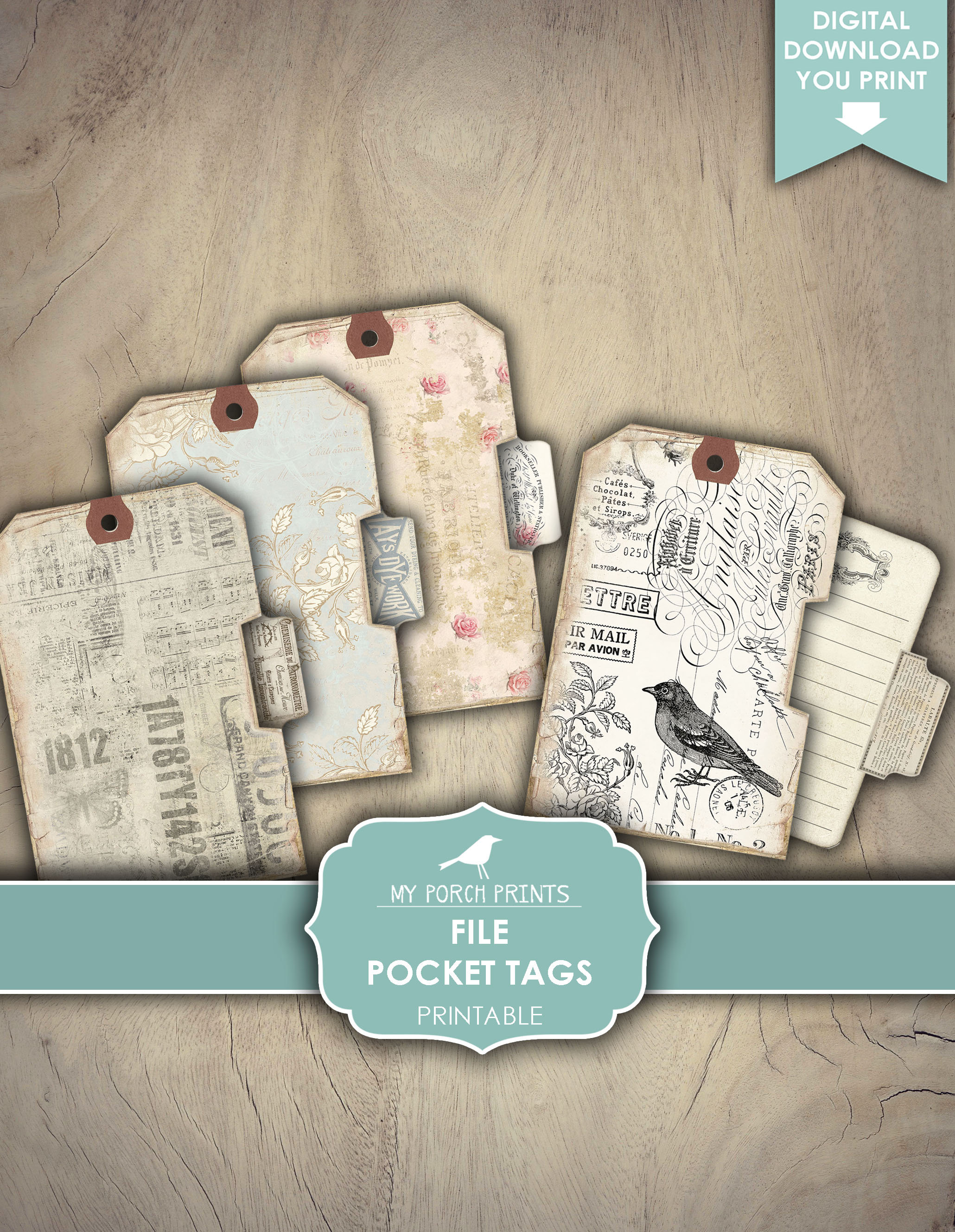 Junk Journal, File Pocket Tags, Ephemera, Shabby, Blue, Neutral, Faded ...